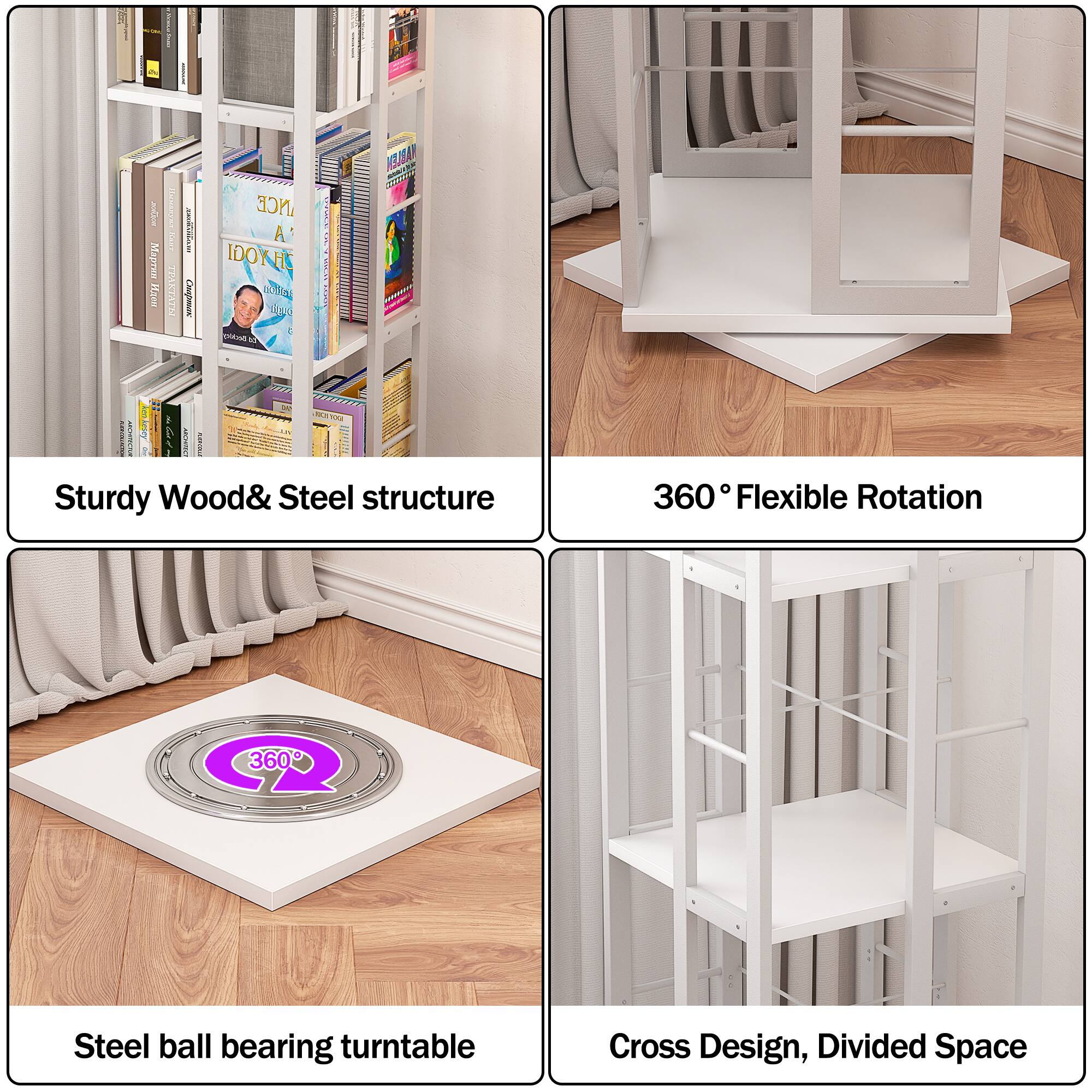 Aheaplus 4 Tier Square Rotating Bookshelf for Small Space White BBY-AP ...
