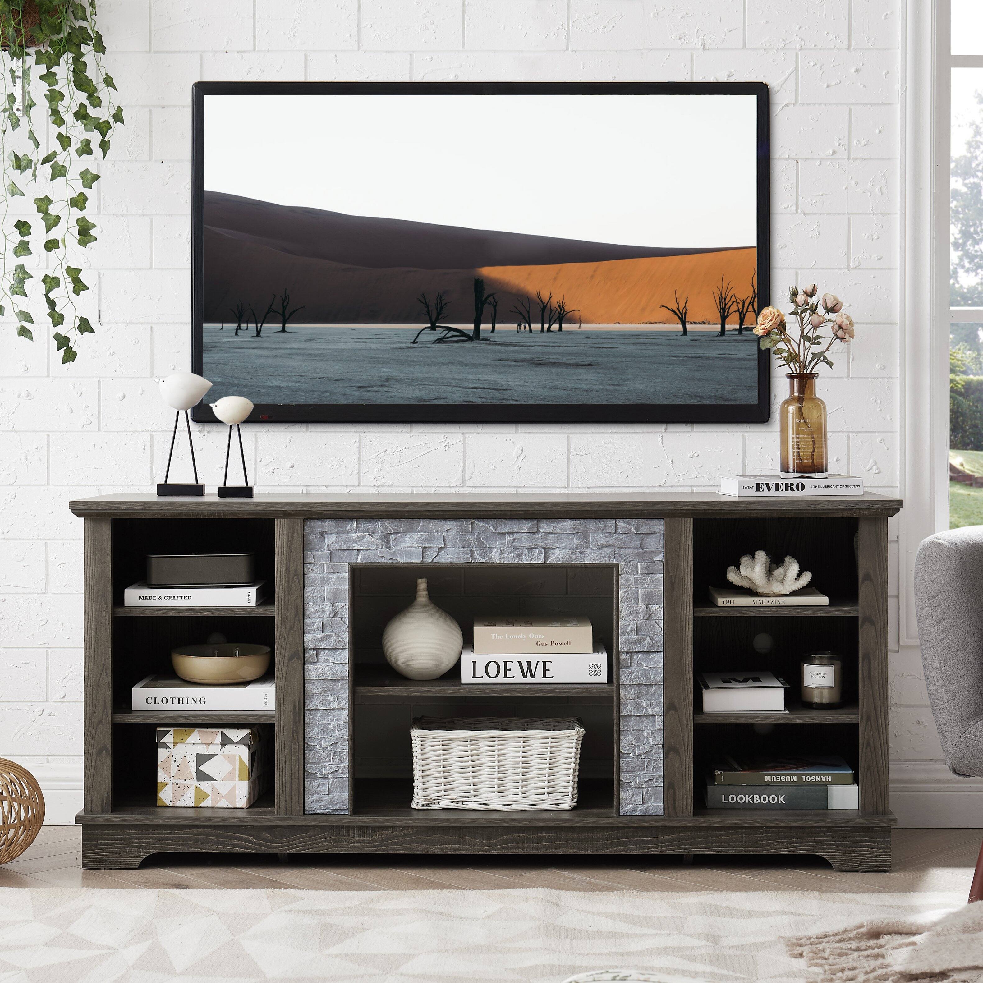 APRILSOUL Mantel Stone TV Media Stand with with Faux Stacked Stone ...