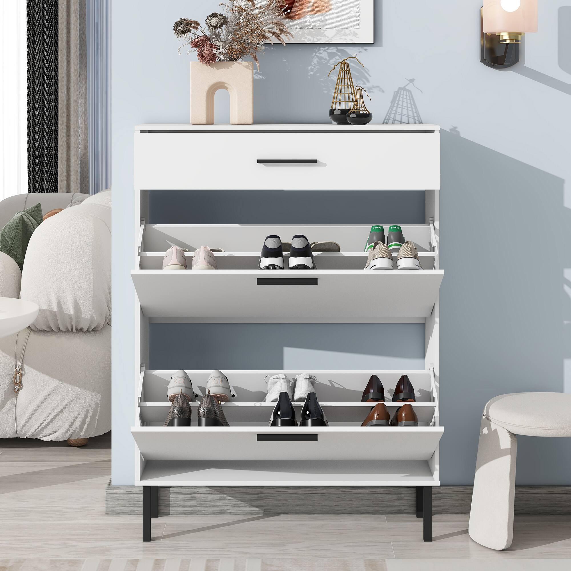 Spaco 2 Flip Modern Shoe Storage Cabinet with Metal Legs, Freestanding ...