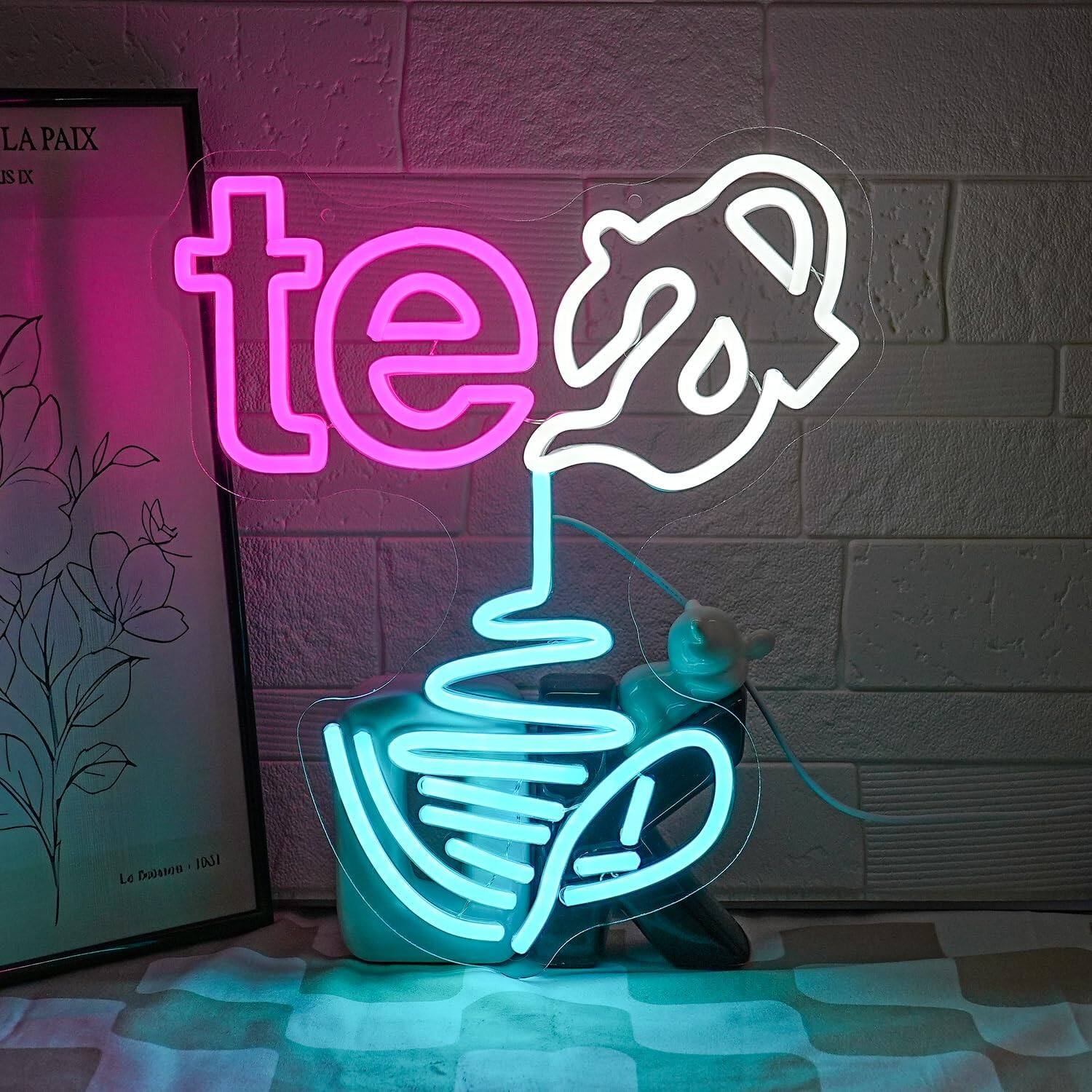 Auledio Tea Neon Sign Blue Teapot Neon Light Dimmable Tea Pouring Neon ...