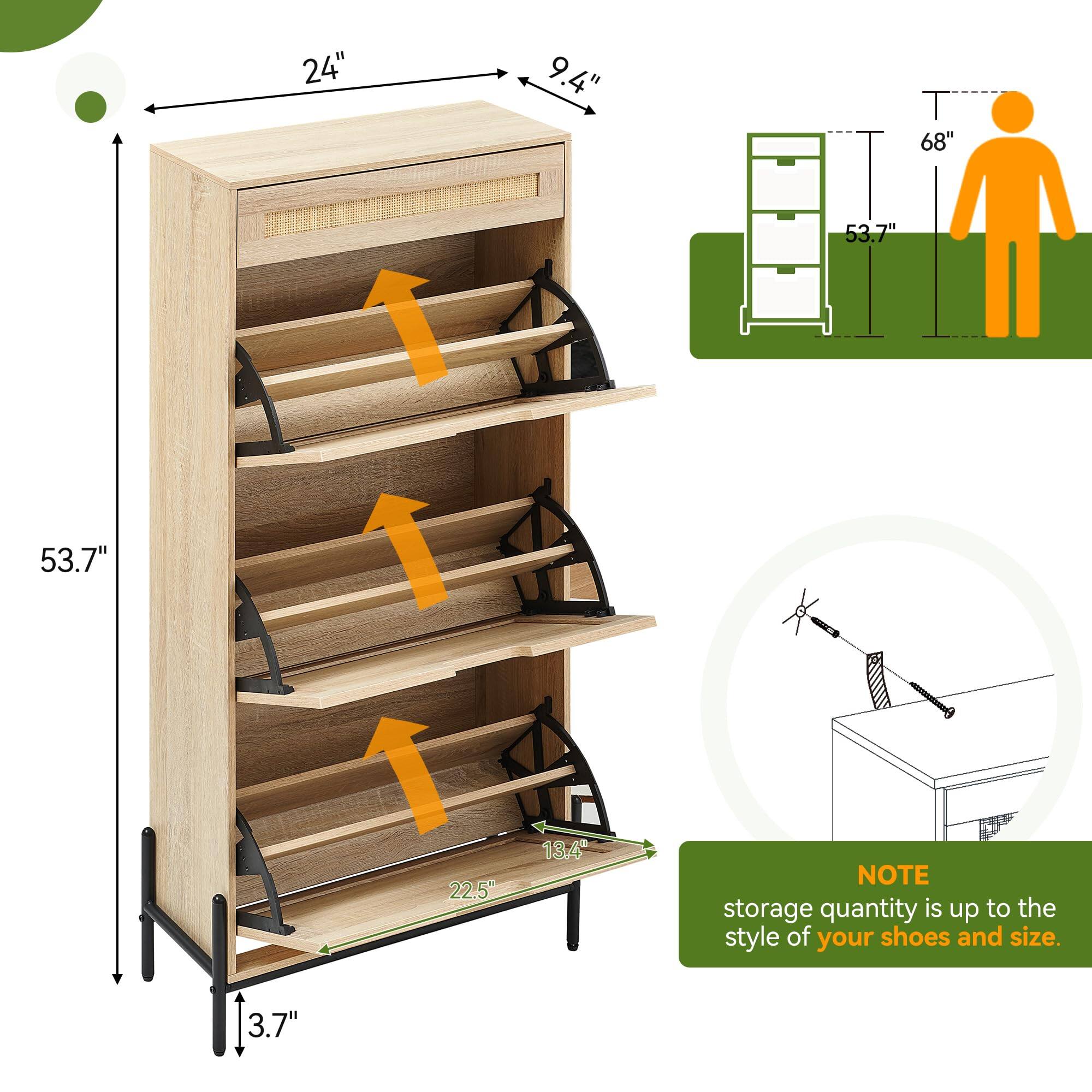 Jojoka Rattan Shoe Cabinet for Entryway, 3 Tier Slim Shoe Rack with ...