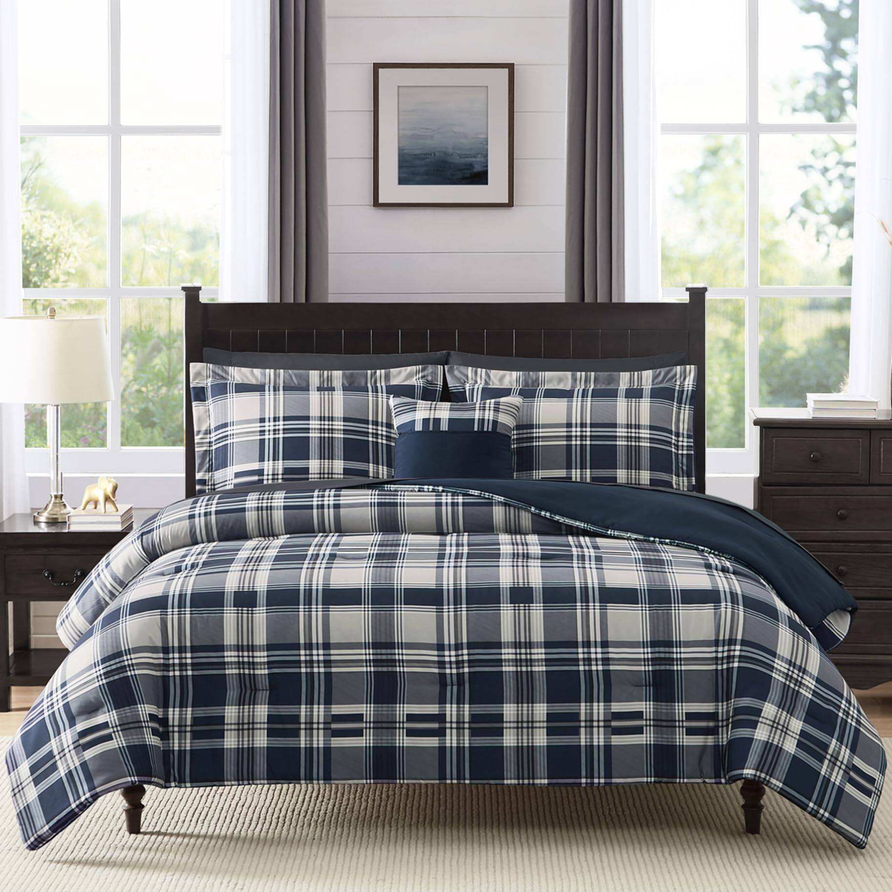 Dapper Styles Queen Comforter Set Plaid Design All Season Comfortable Bedding Sets Lightweight ...