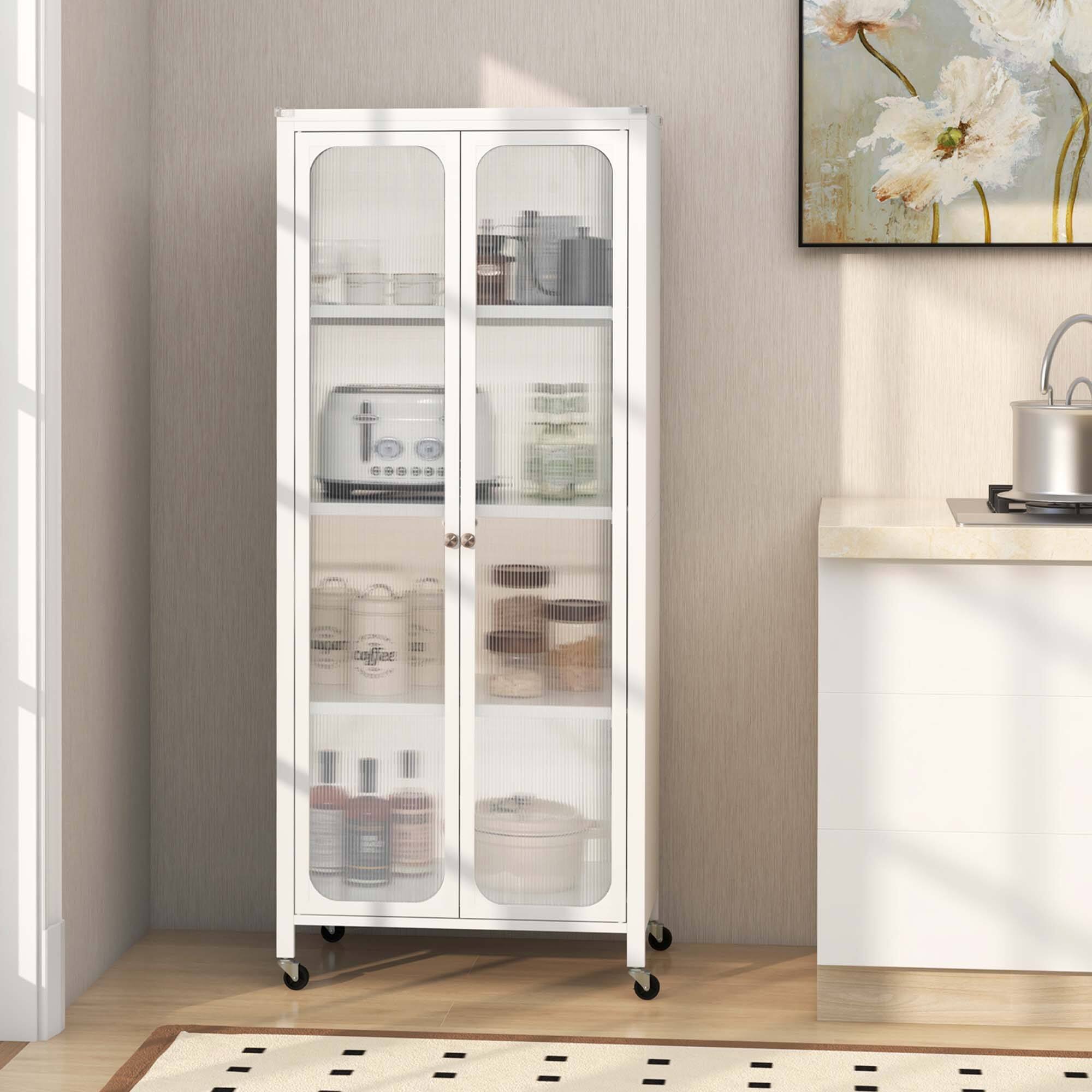 Costway Storage Cabinet with Wheels & 2 Translucent Doors Adjustable ...