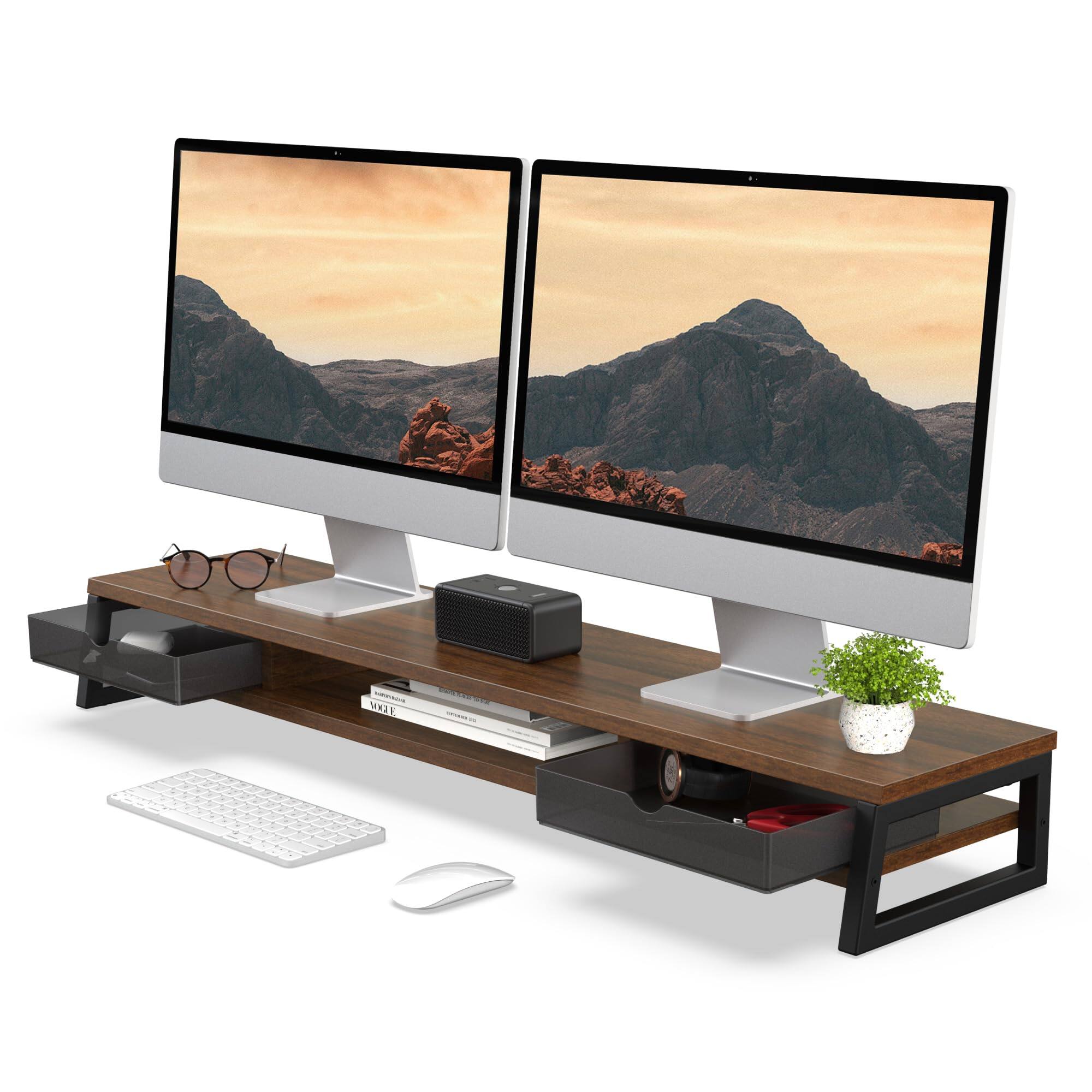 Cedar Assembly Dual Monitor Stand Riser With Drawer 42. Large Computer ...