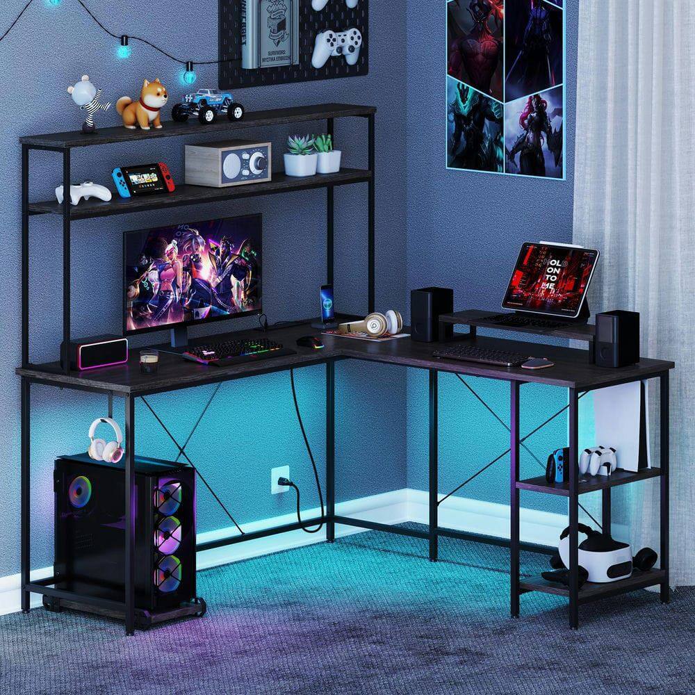 Kadyn Reversible L Shaped Gaming Desk LED Strip, Power Outlets, Hutch ...