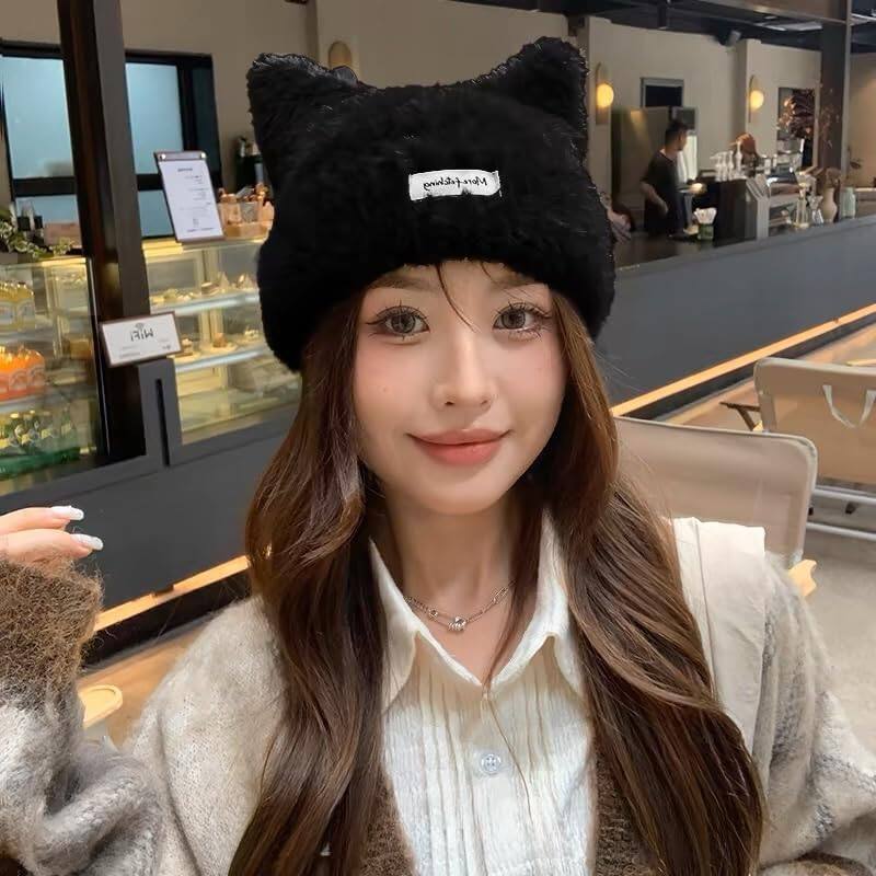 Auledio Cute cat ear knitted hat, loose fitting knitted hat for women ...