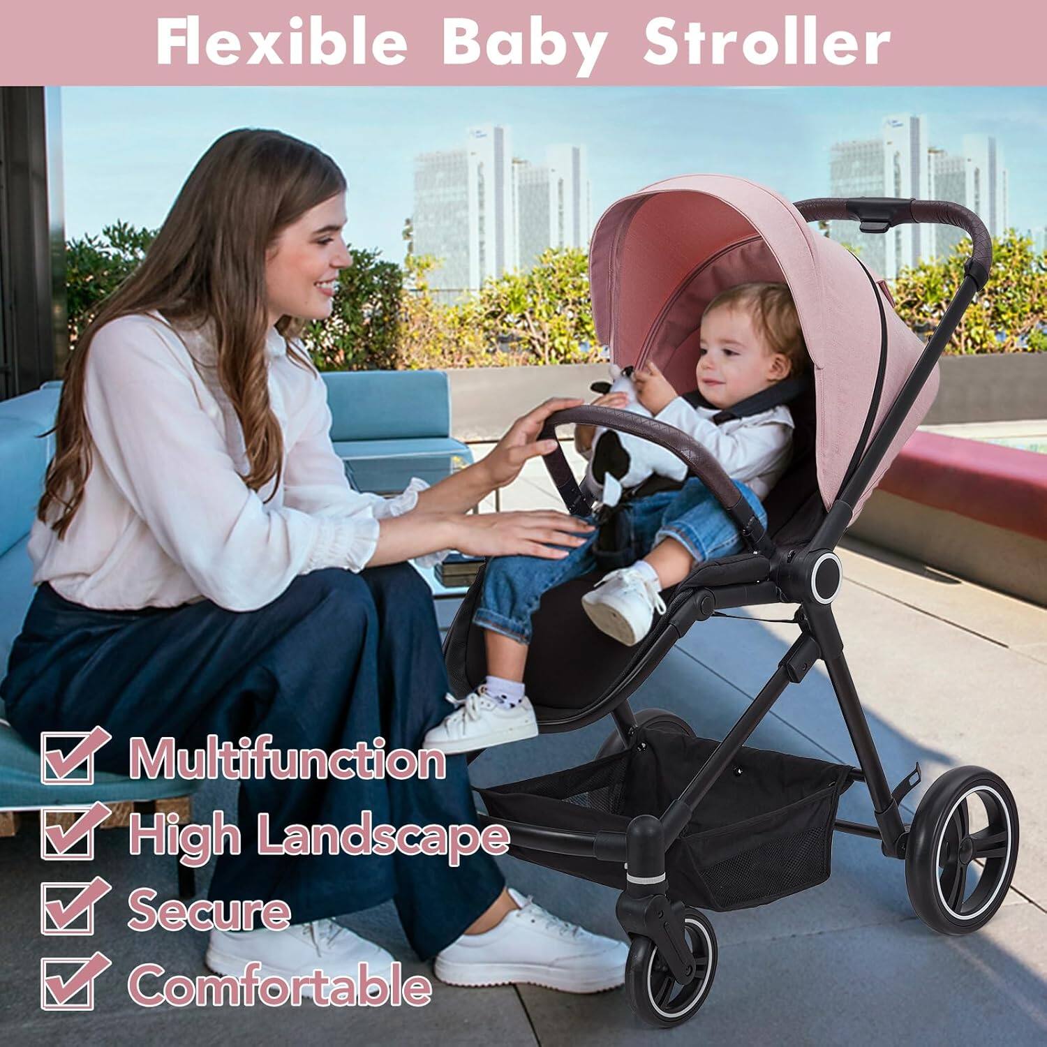 Acekool Foldable Baby Stroller High Landscape Pram, Reversible Backrest ...