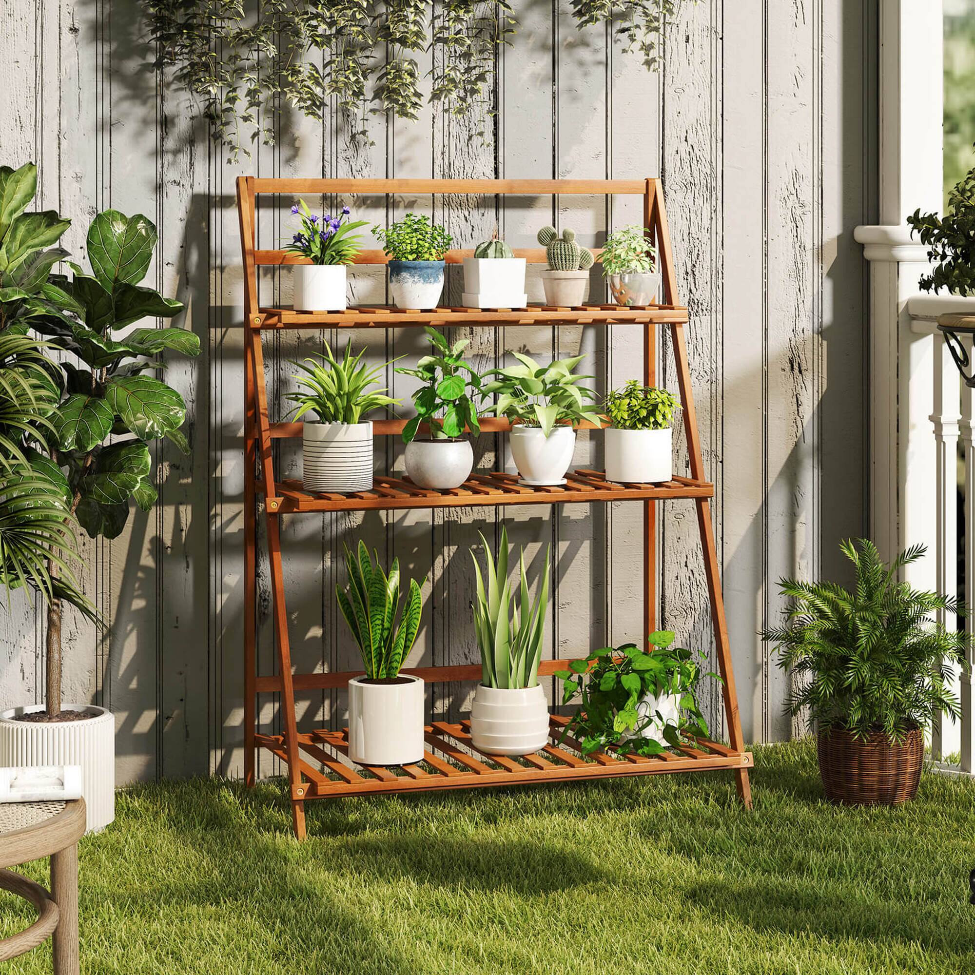 Costway 3 Tier Folding Shelf Stand Bamboo Flower Pot Display Rack ...