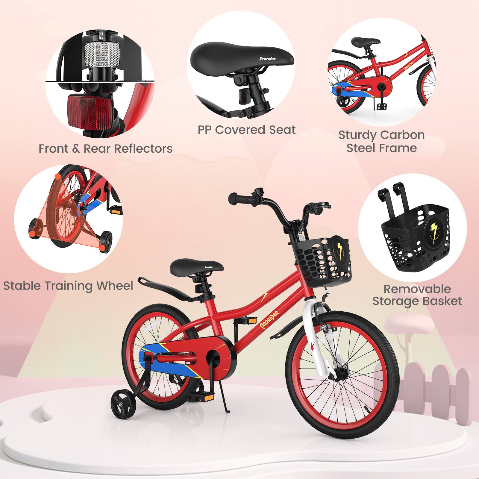 Costway 18" Kid's Bike with Removable Training Wheels & Basket for 4 8 Years Old Child Red ...