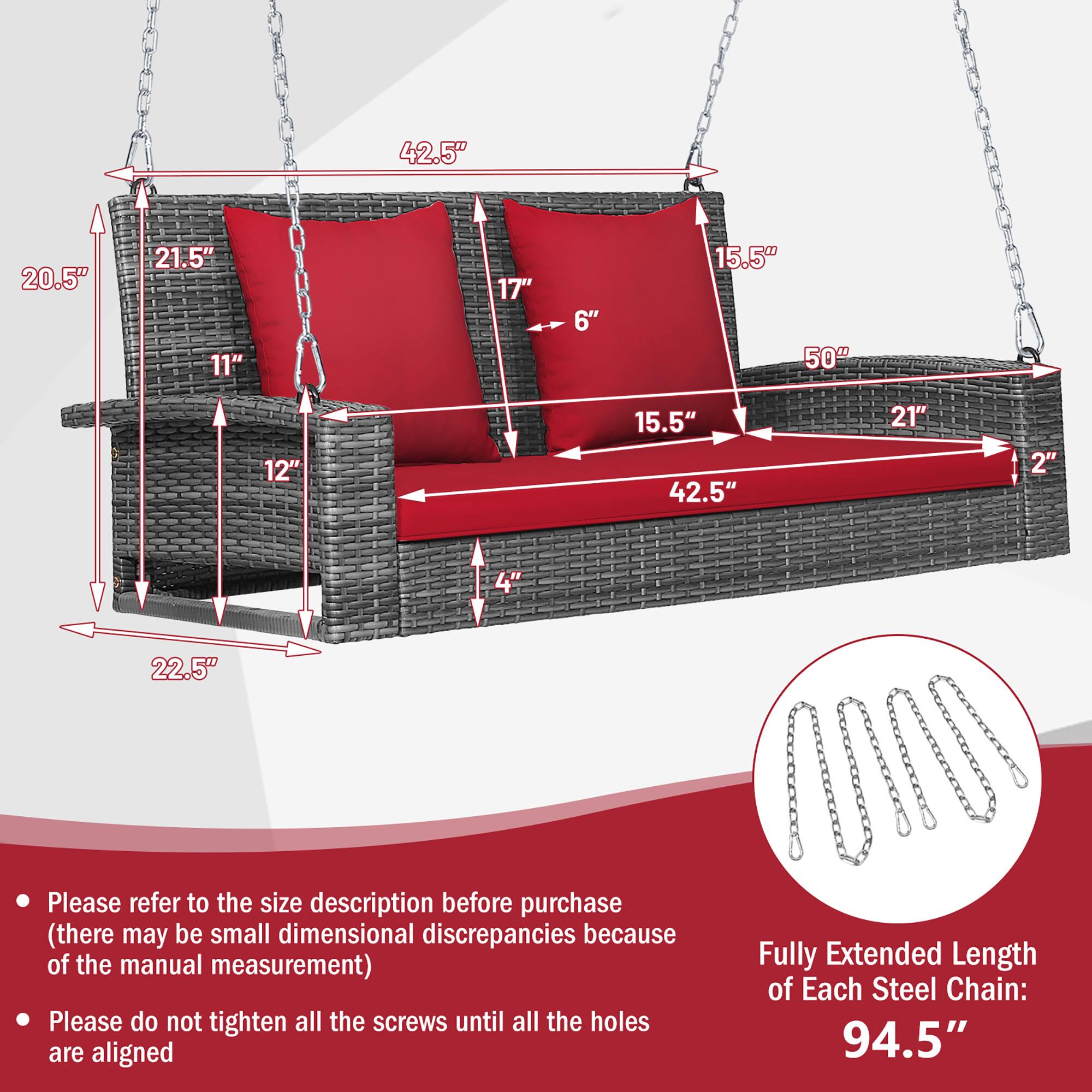 Costway 2 Person Patio PE Wicker Hanging Porch Swing Bench Chair with ...