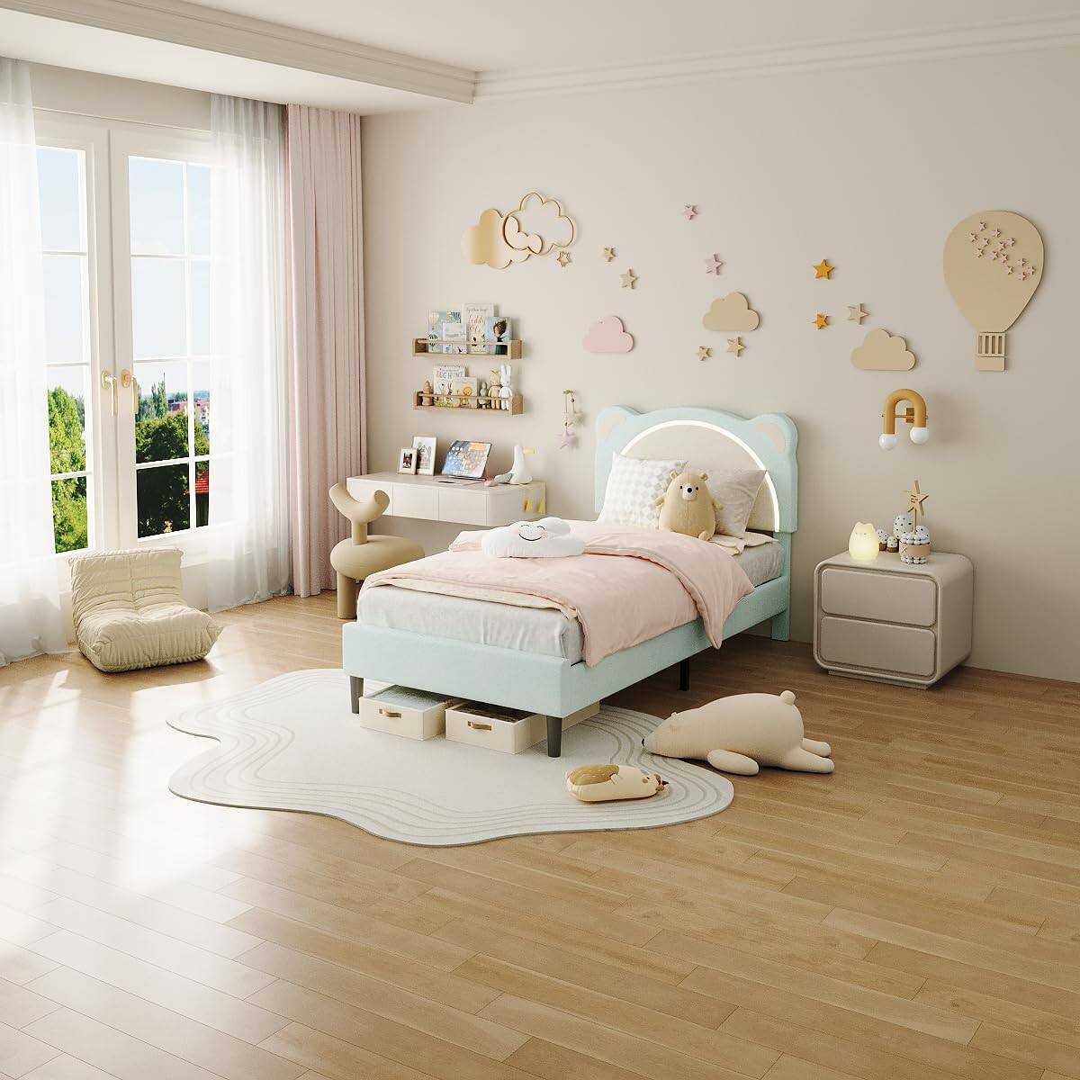 Acekool Twin Upholstered Bed for Kids – Adjustable Headboard with LED ...