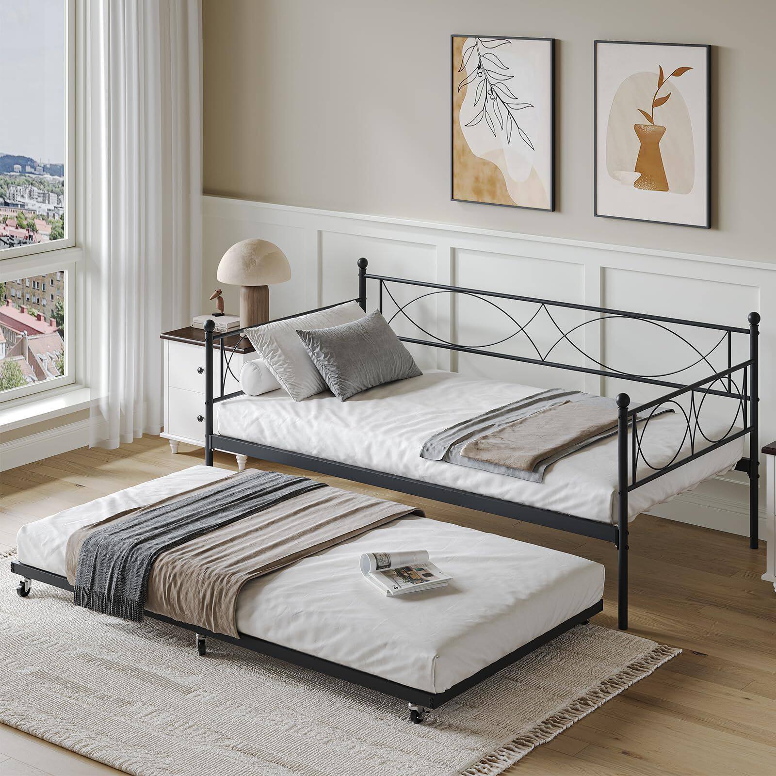Acekool Metal Day Bed Twin Trundle Bed Frame, with Premium Steel Slat ...