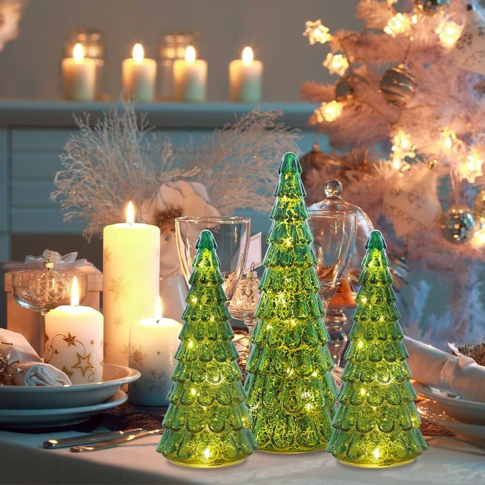 RTMB 3 Pc Sparkling Glass Christmas Tree Set with LED Lights & Timer ...