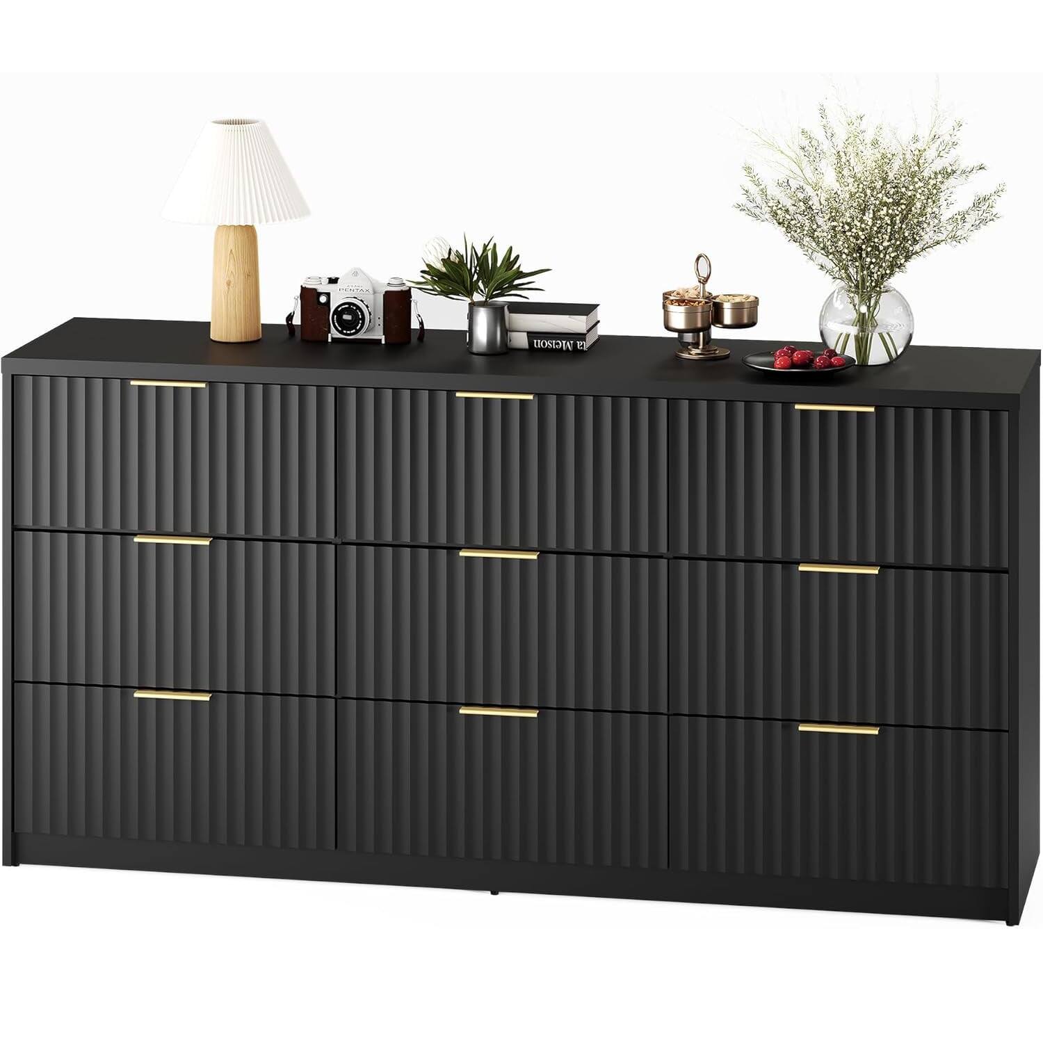 Homhougo 9 Drawer Fluted Dresser, Smooth Slides & Golden Handles ...