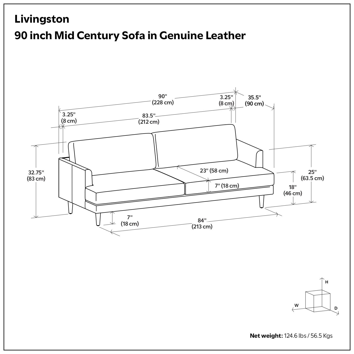 Simpli Home Livingston 90 inch Wide Mid Century Modern Sofa in Caramel Brown Top Grain Genuine ...