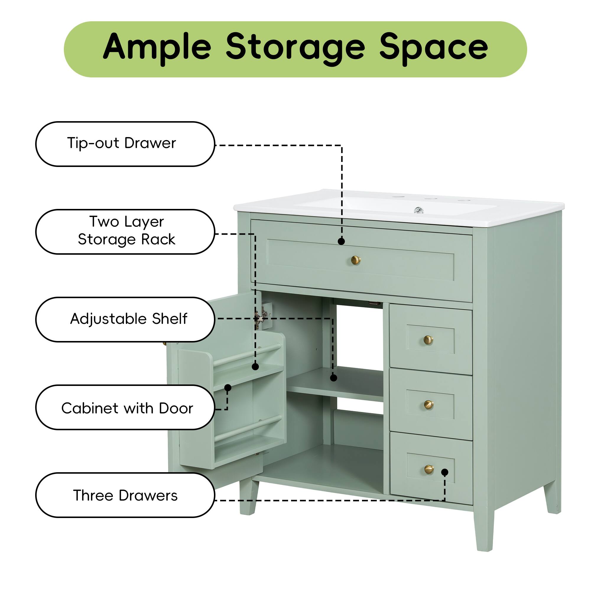 Whisen 30 Inch Bathroom Vanity with Ceramic Sink Combo Modern 3 Drawer ...