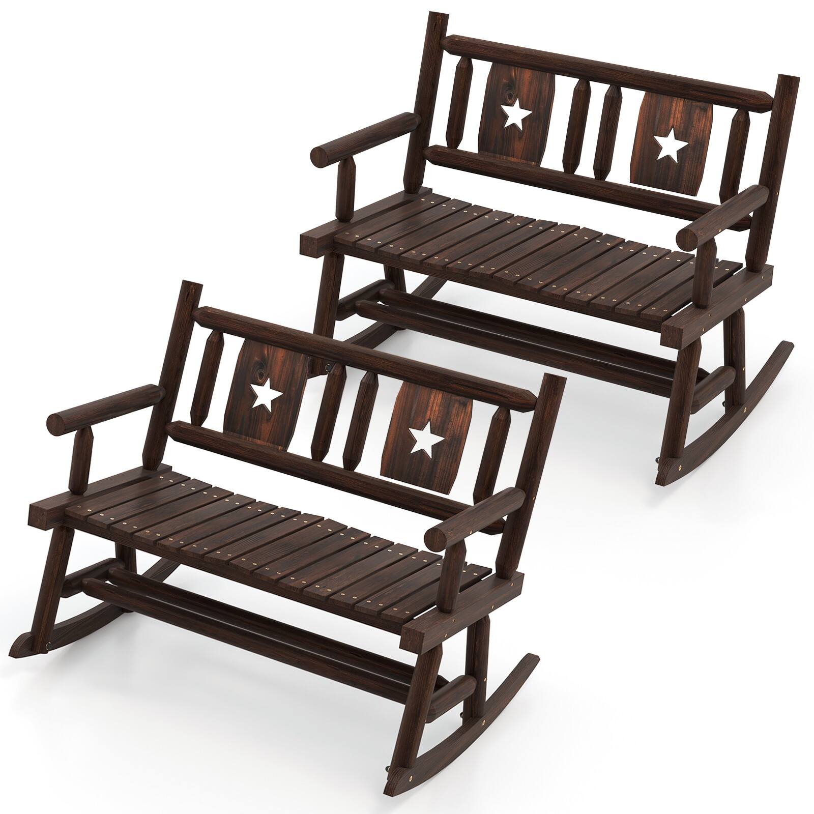Costway 2 PCS Patio Rocking Bench Carbonized Wood Double Rocker Chair ...