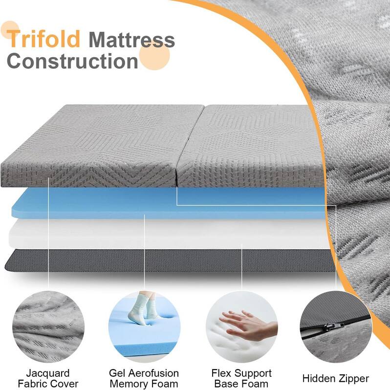 Vipbear 4" Single Tri Fold Memory Foam Mattress Foldable Bed Mattress ...