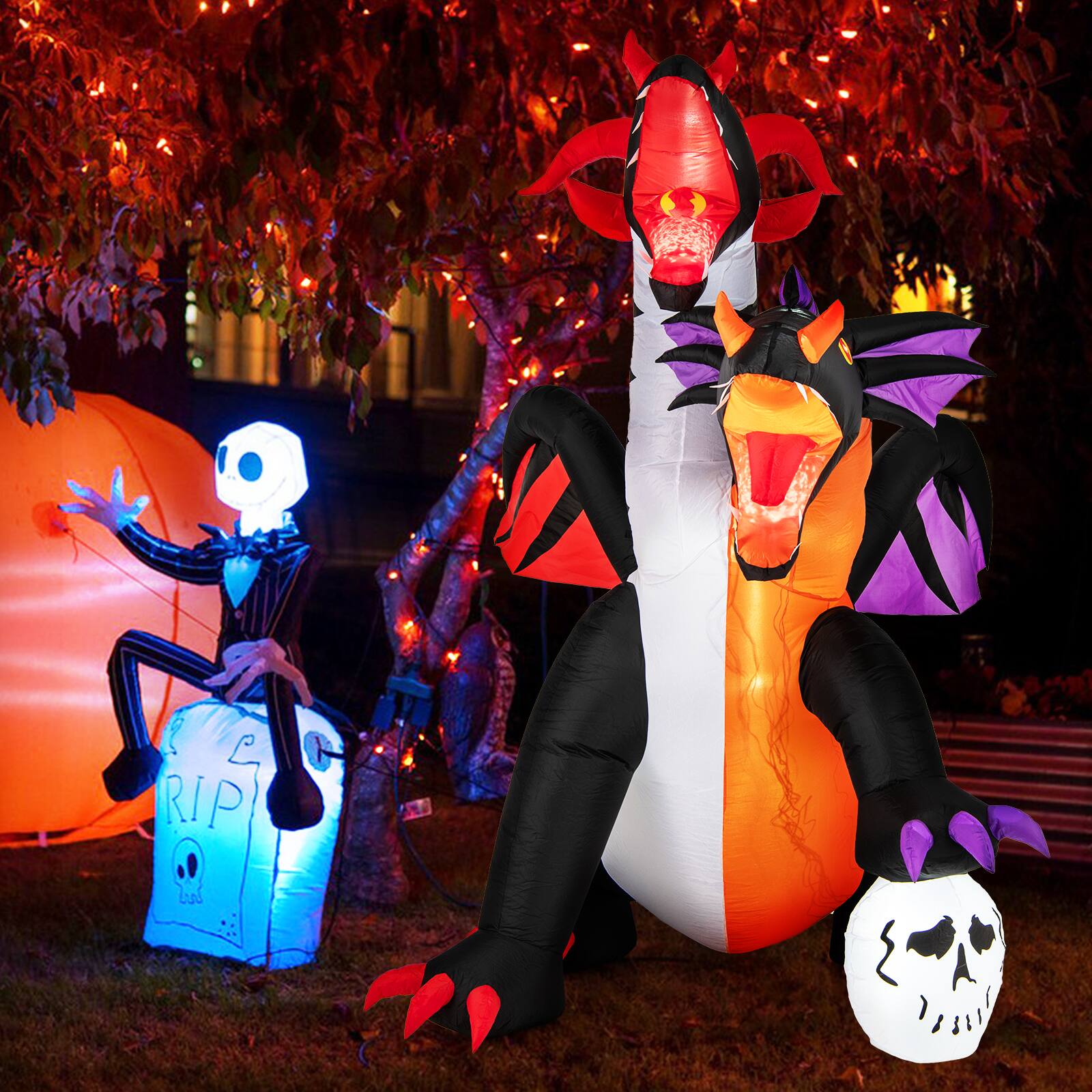 Costway 8 FT Inflatable Twin Headed Dragon Decoration Giant Halloween ...