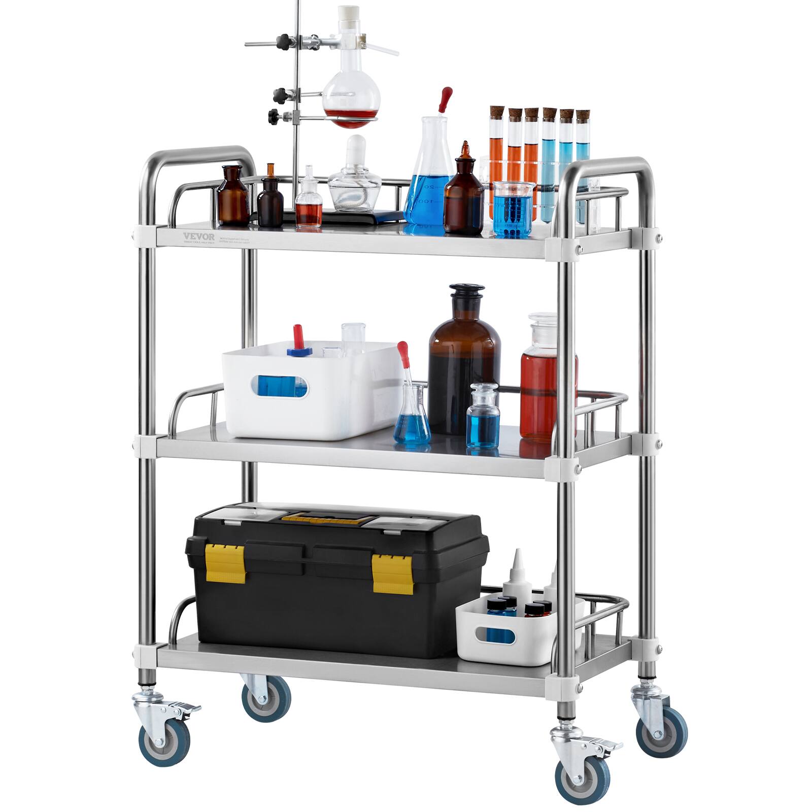 VEVOR Lab Rolling Cart, 3 Shelf Stainless Steel Rolling Cart, Lab Serving Cart with Swivel ...