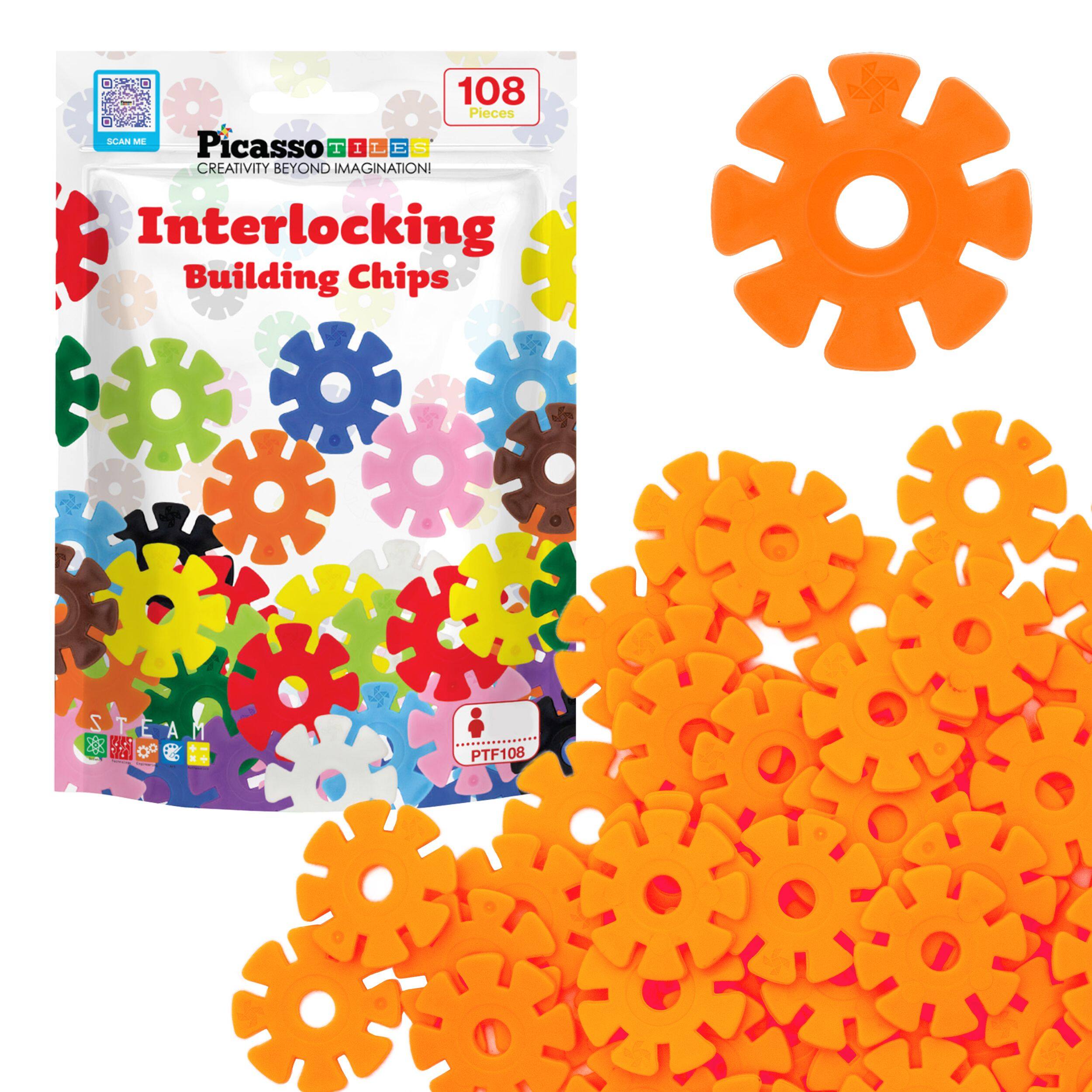 PicassoTiles 108 PC Orange Interlocking Plastic Disc, Building Chip ...
