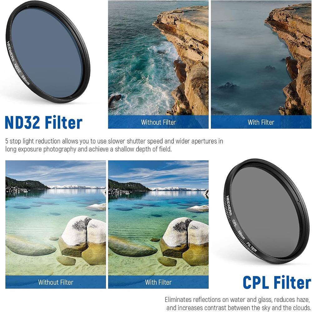 Schertz 58mm Lens Filter Kit with Phone Clip – CPL, ND32, 6 Point Star ...