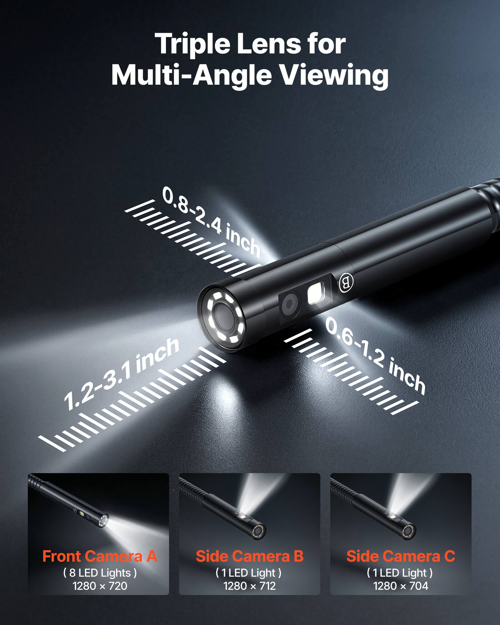 VEVOR Triple Lens Endoscope with Light, 5" HD IPS Screen Industrial ...