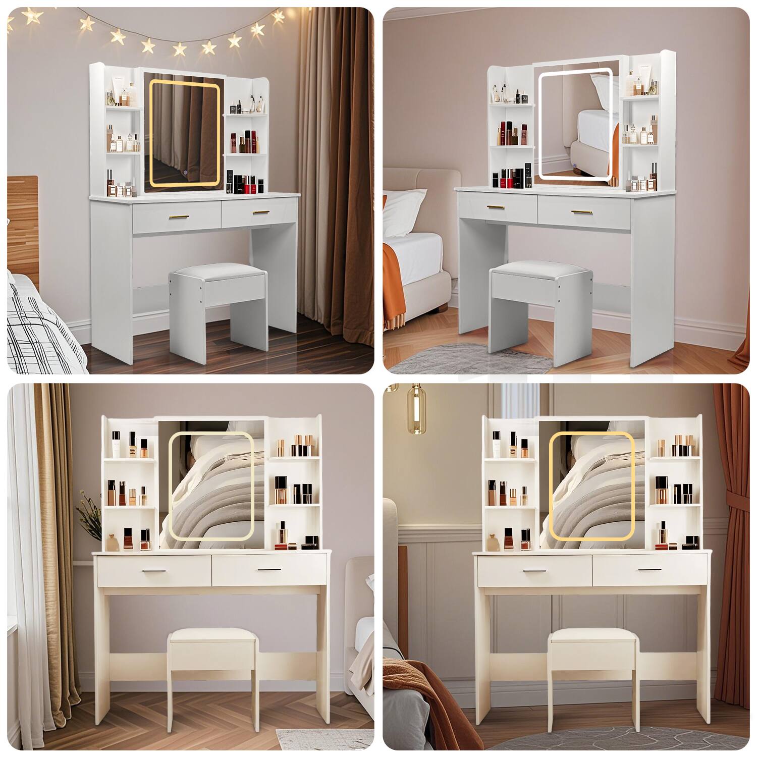 Ecooso Modern Vanity Table with LED Mirror, Hidden Storage, Adjustable ...