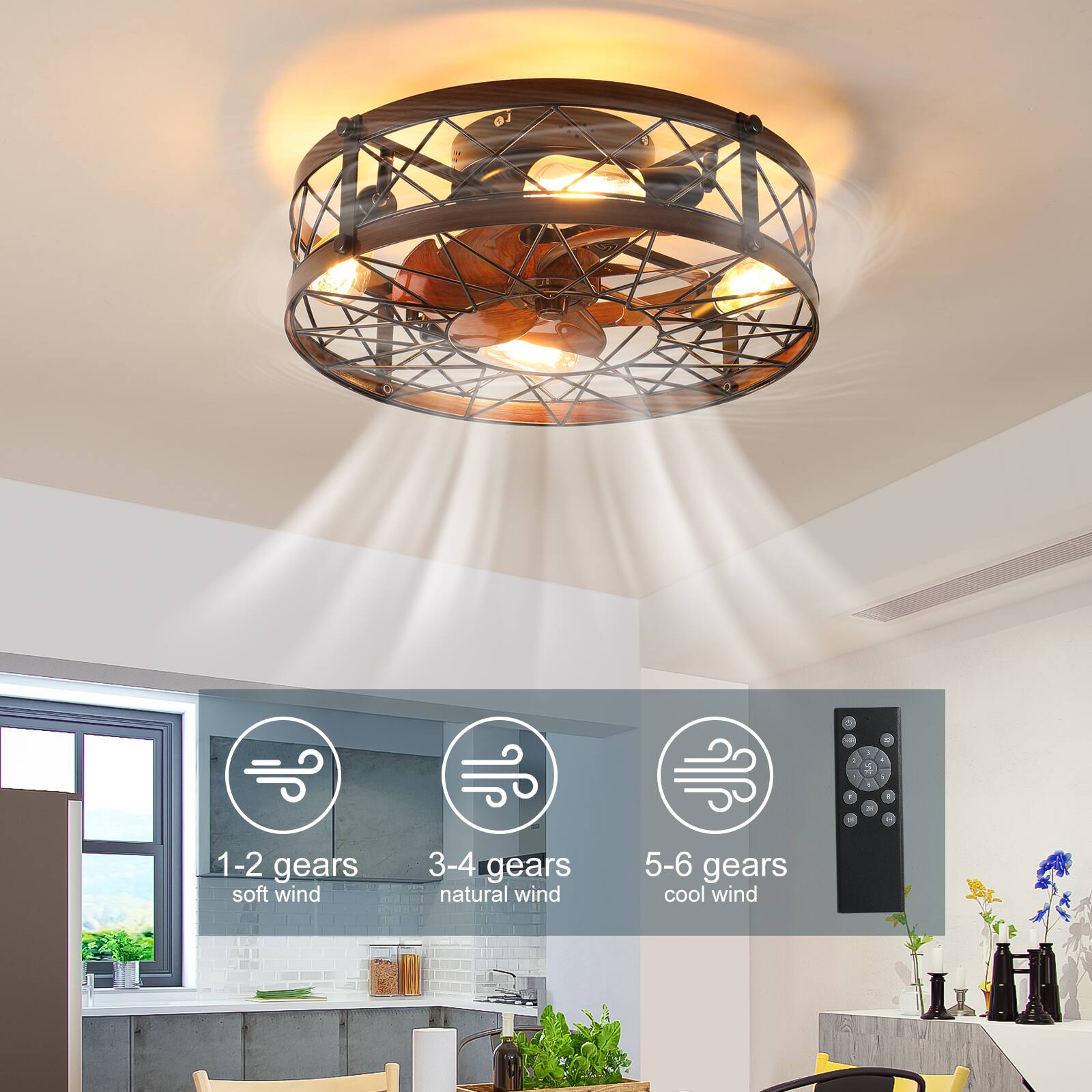 APRILSOUL Caged Ceiling Fans with Lights Black 20 inch Flush Mount ...