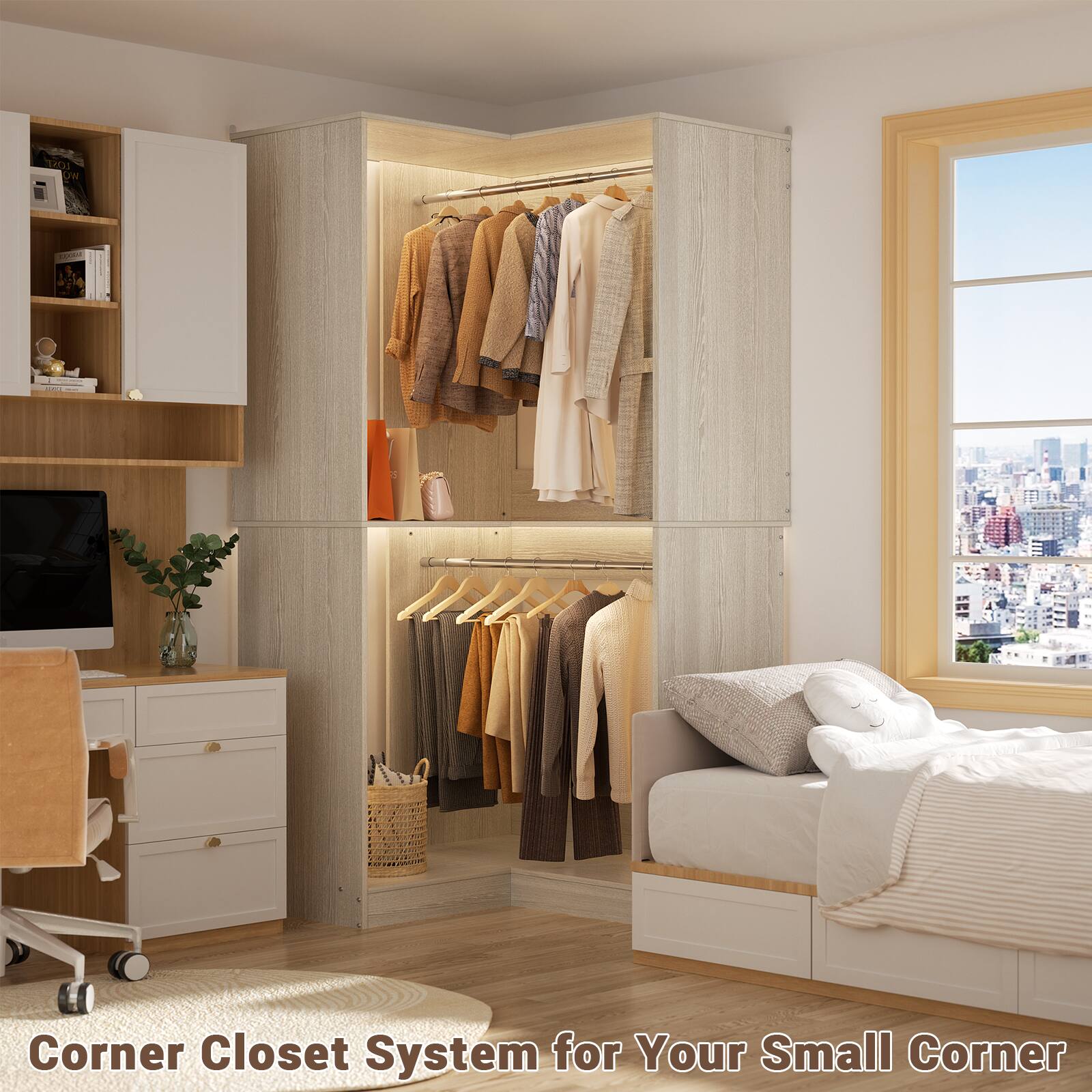 Aheaplus Corner Closet System, 32 Inch Wide Corner Unit with 2 Hanging ...