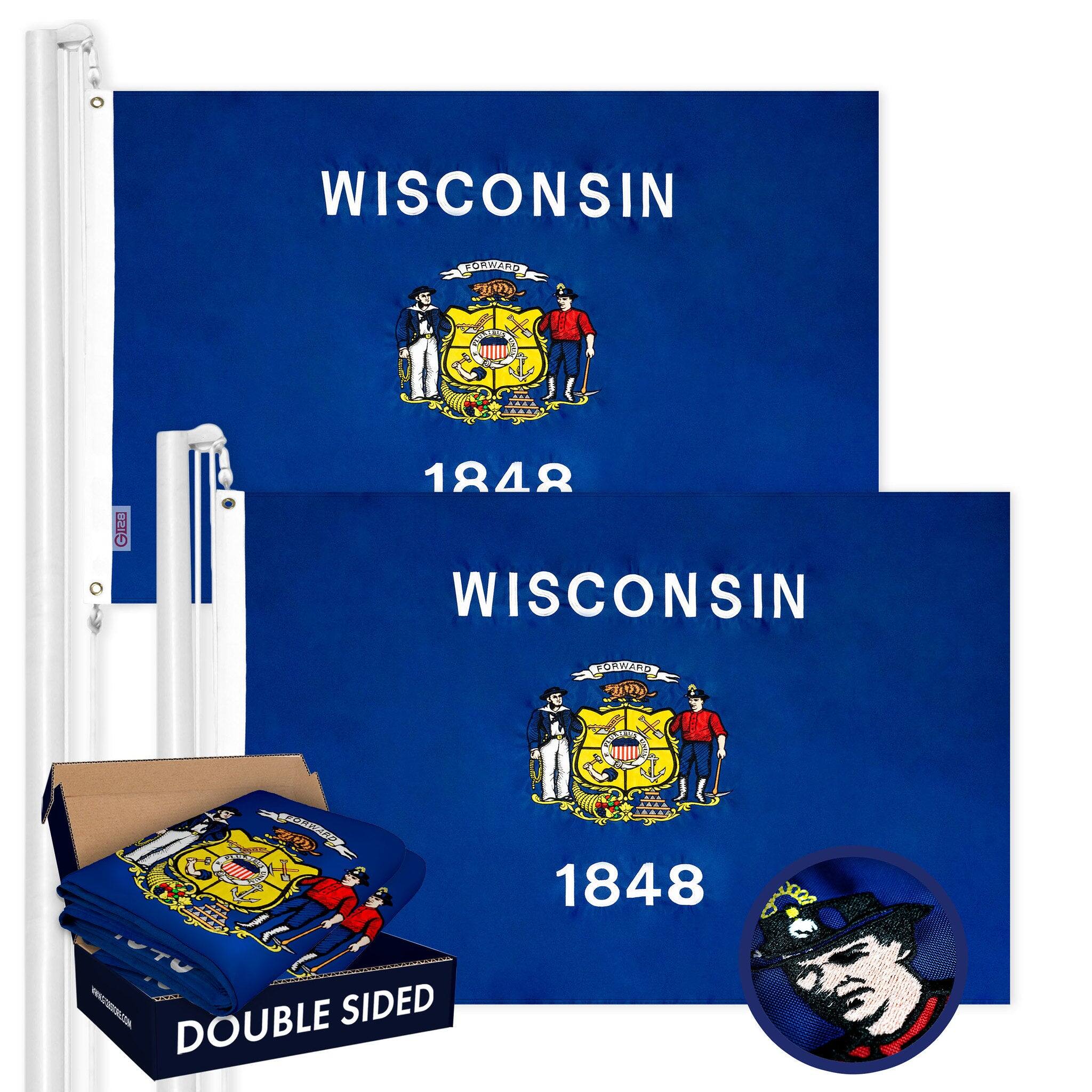 G128 Wisconsin State Flag 3x5 ft 2 Pack, Double Sided Embroidered ...