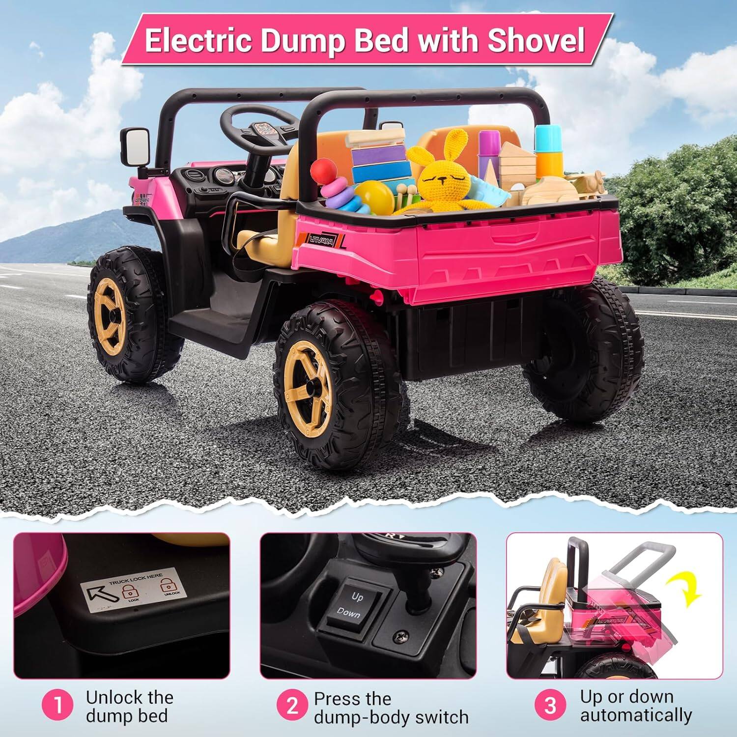 GARVEE 24V 2 Seater Ride On Dump Truck, Battery Powered UTV for Kids ...