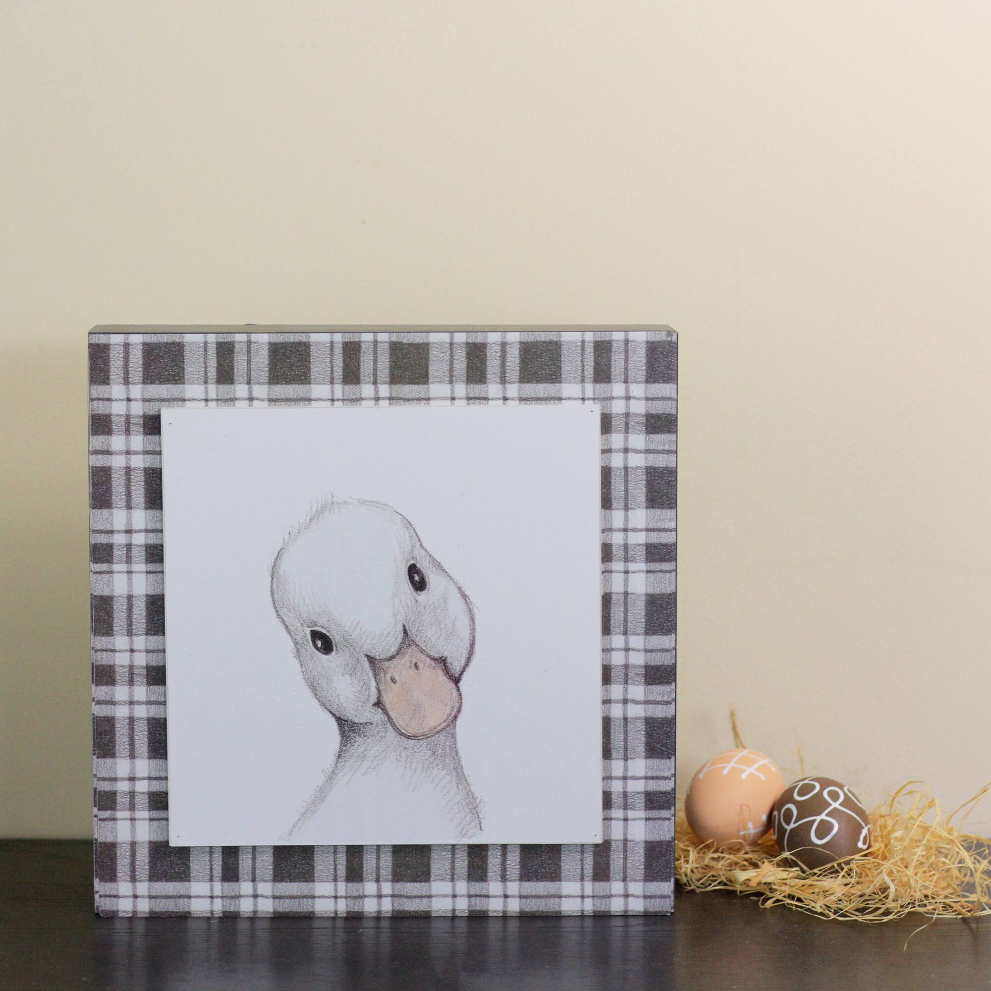 Raz 10" Decorative Black and Duckling Drawing on Plaid Wall Art White ...