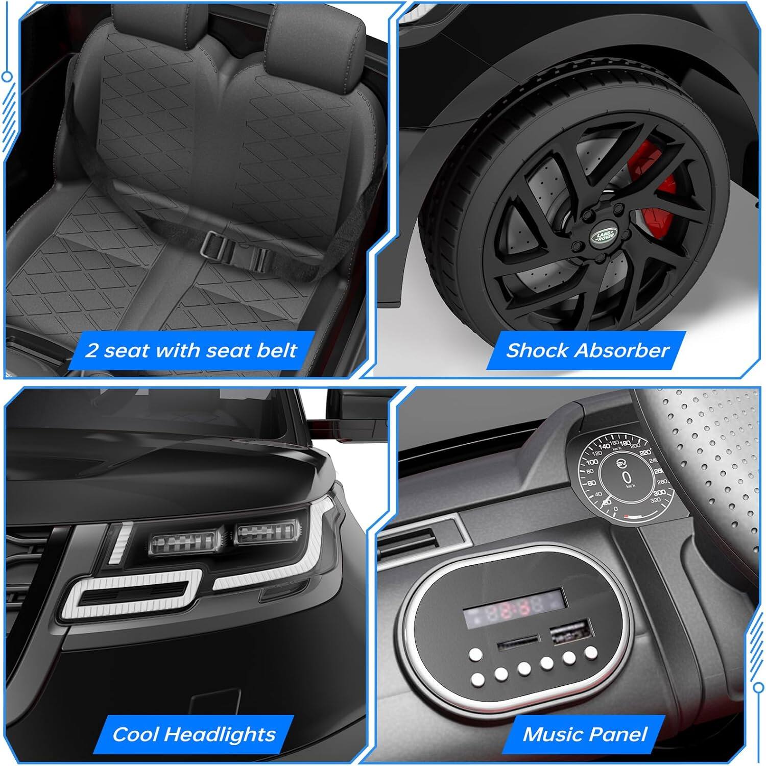 Qeetex 12V 2 Seater Kids Ride On Car w/Remote, LED Lights, Music, Shock ...