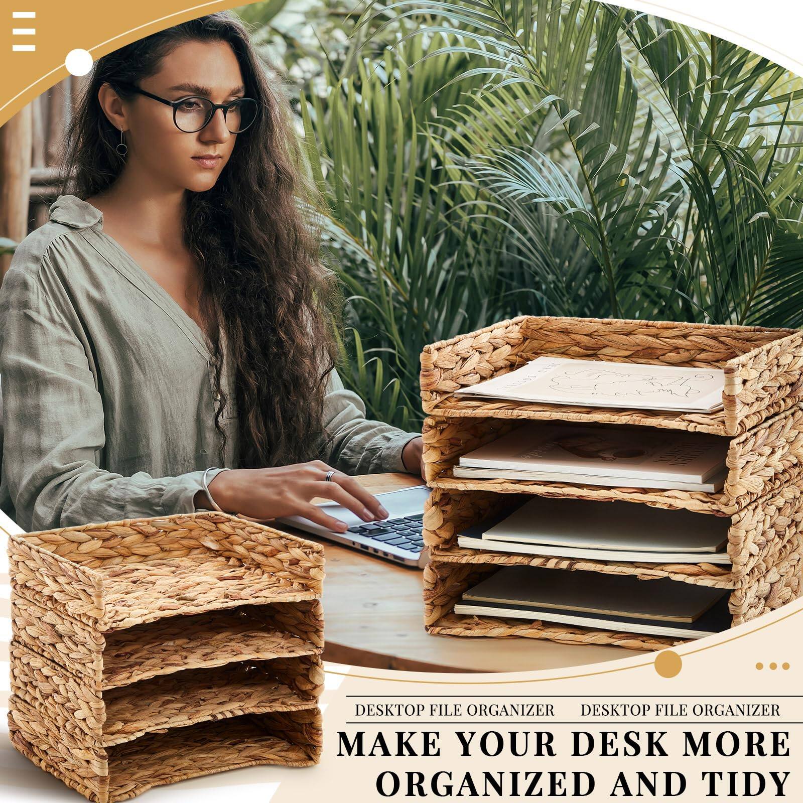 Dapper Styles ater Hyacinth Letter Tray Stackable Woven Paper Organizer A4 File Storage Basket ...