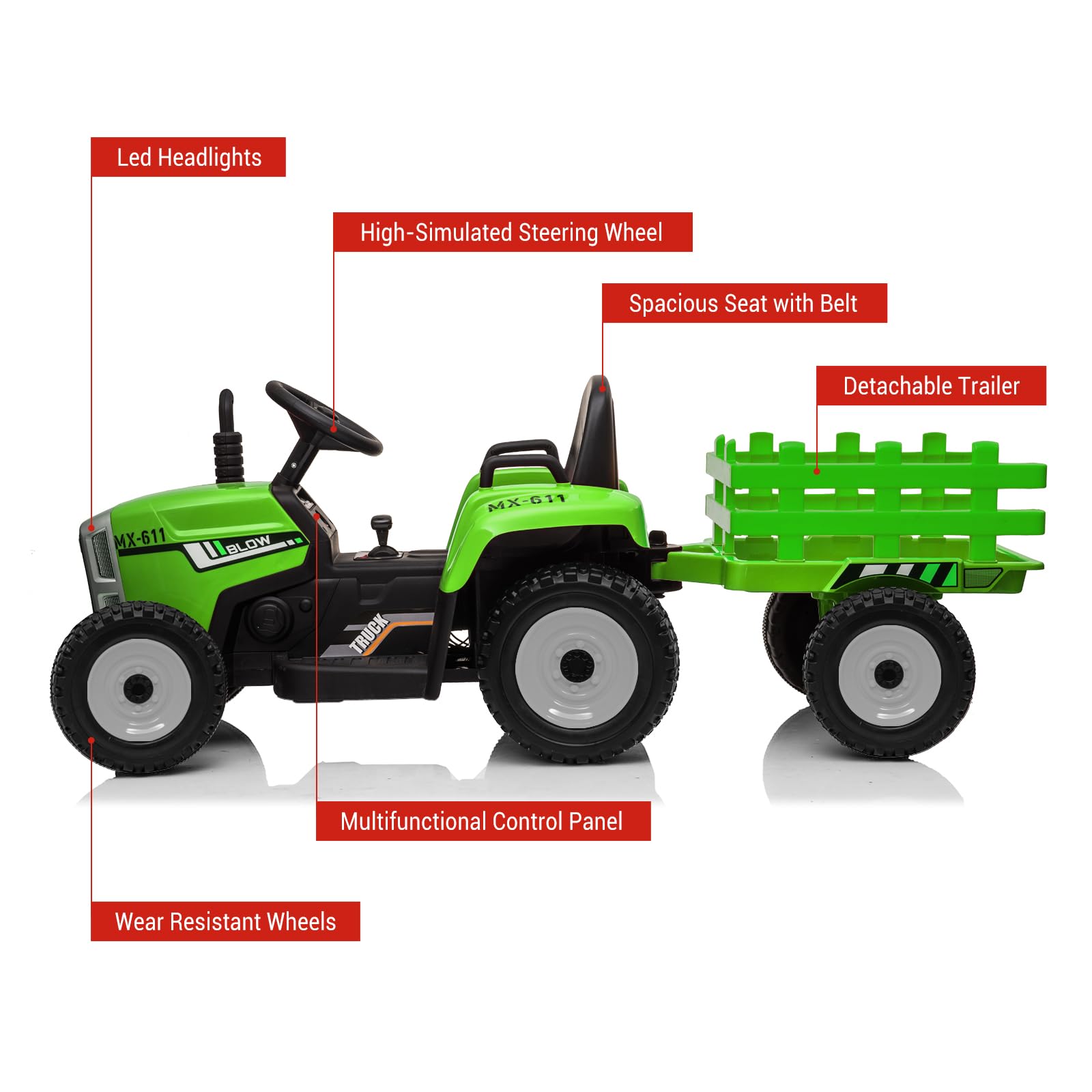 Qeetex 12V Kids Ride On Tractor with Trailer & Remote Control,Toddler ...