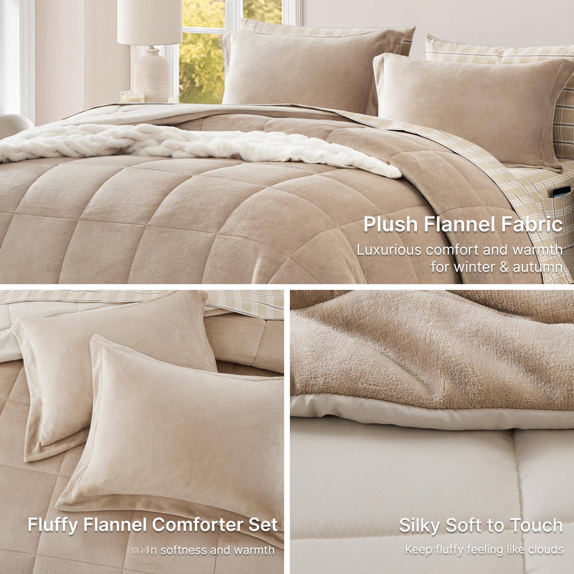 TECH SAFARI Plush Comforter Set Light Taupe Flannel Sets Bed In A Bag ...