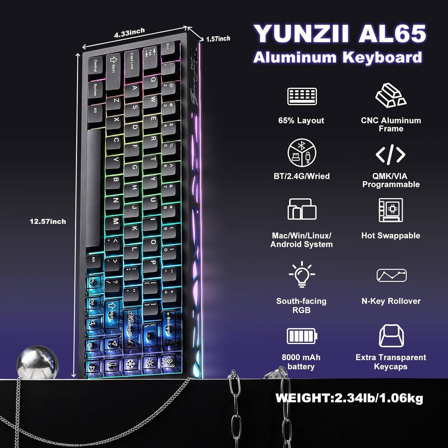 Wikistore AL65 Wireless Mechanical Keyboard,Full Aluminum ,Support QMK ...