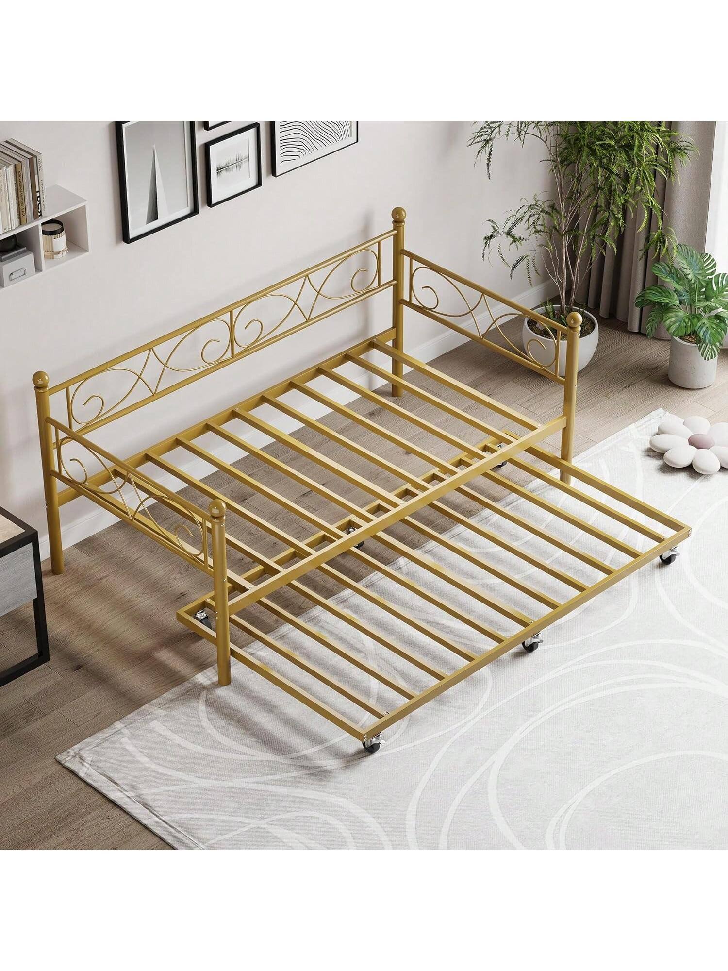 Jojoka Gold Daybed with Trundle, Twin Size Metal Sofa Bed, Floral ...