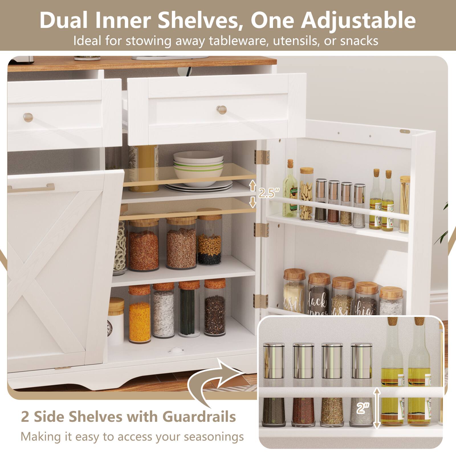 Gymax Tilt Out Trash Can Cabinet w/ Outlets 2 Drawers Adjustable Shelf ...