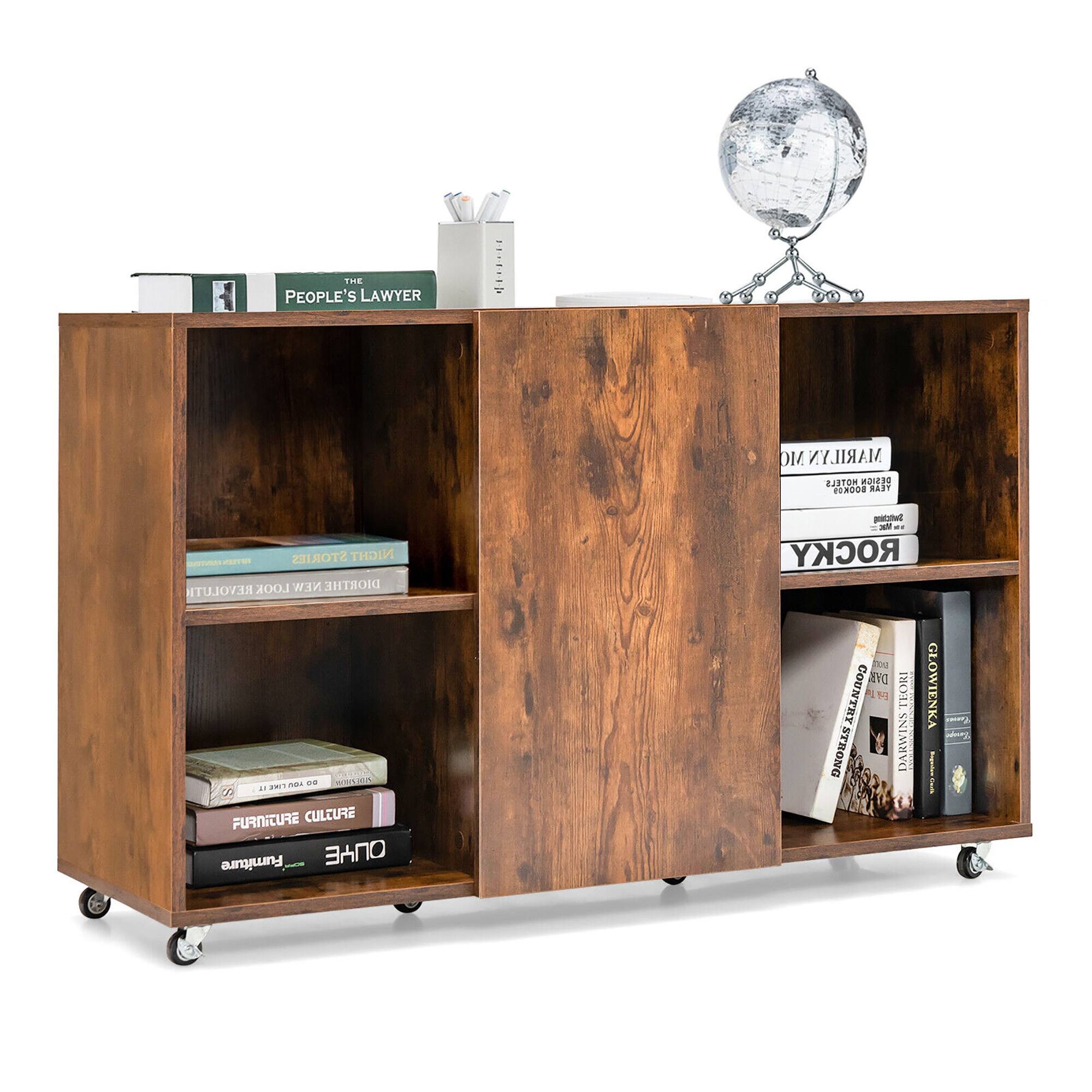 Gymax 3 Tier Wood Bookcase 6 Cube Bookshelf w/ Door Wheels Display ...