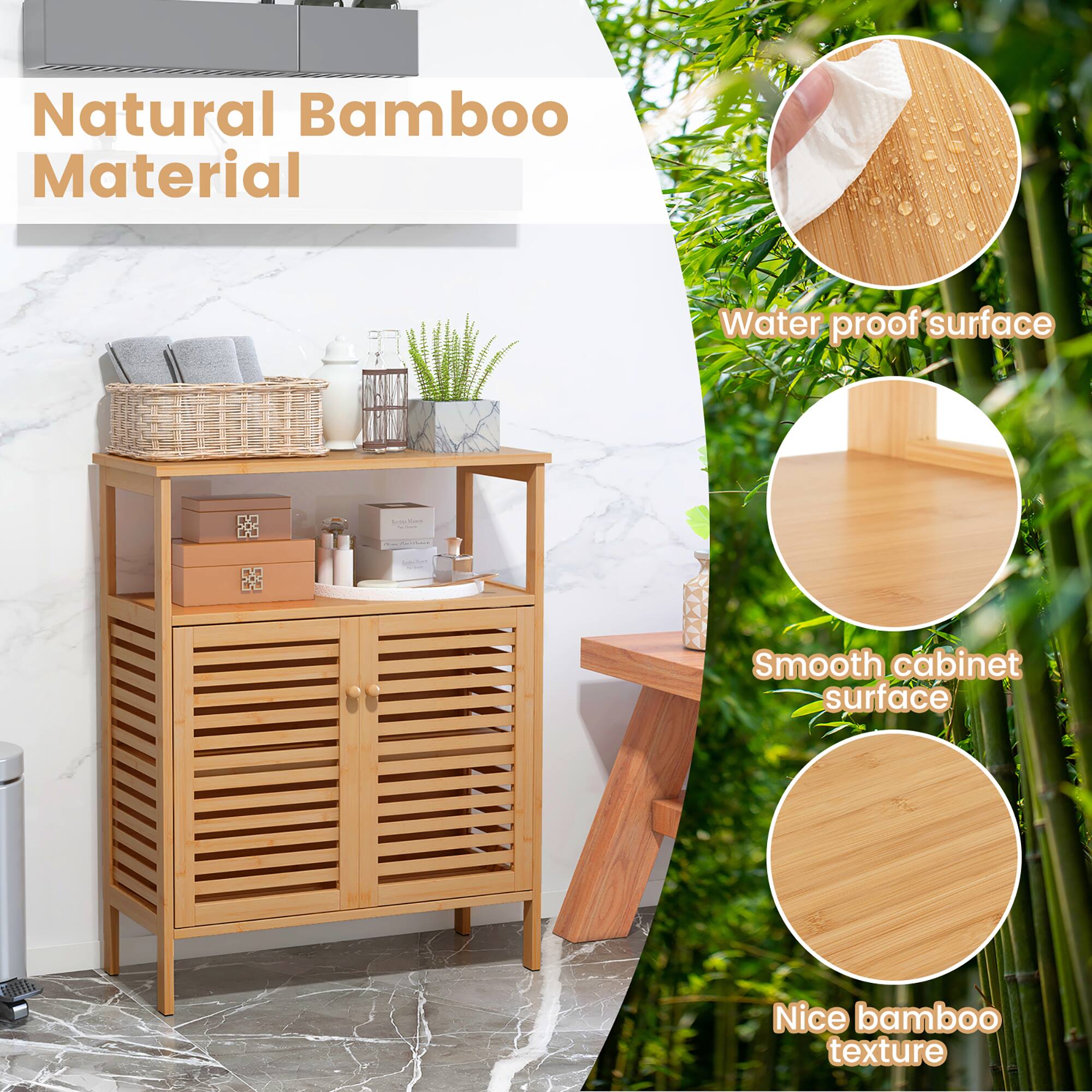 Gymax Bathroom Floor Cabinet Freestanding Bamboo Storage Organizer w ...