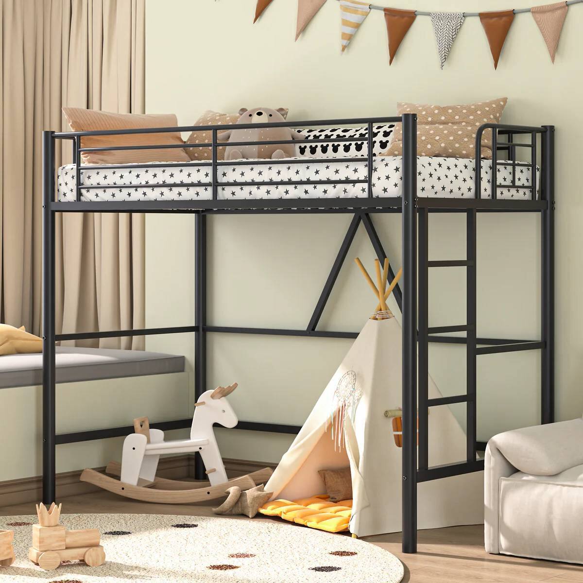Hivvago Twin size Metal Loft Bed Frame with Ladder Space Saving Design ...