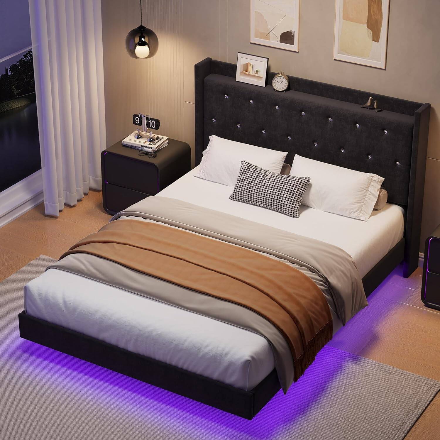 GARVEE Queen Floating Bed Frame with LED Lights, Velvet, Storage ...