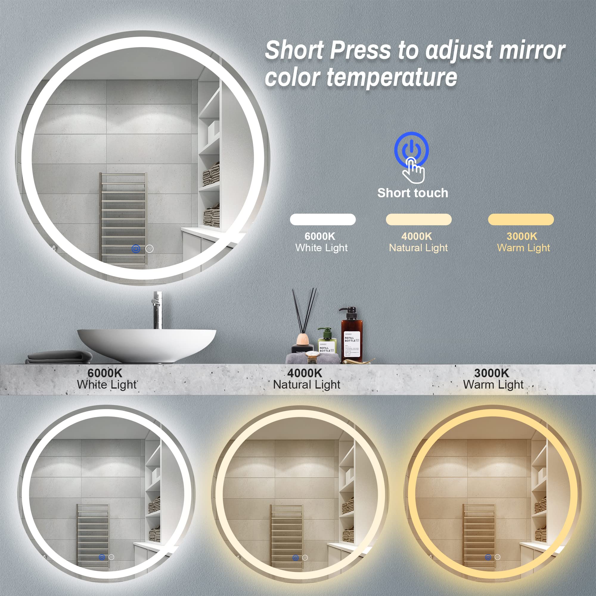 Comfort Essence Led Bathroom Mirror Round Vanity Anti fog Dimmable ...