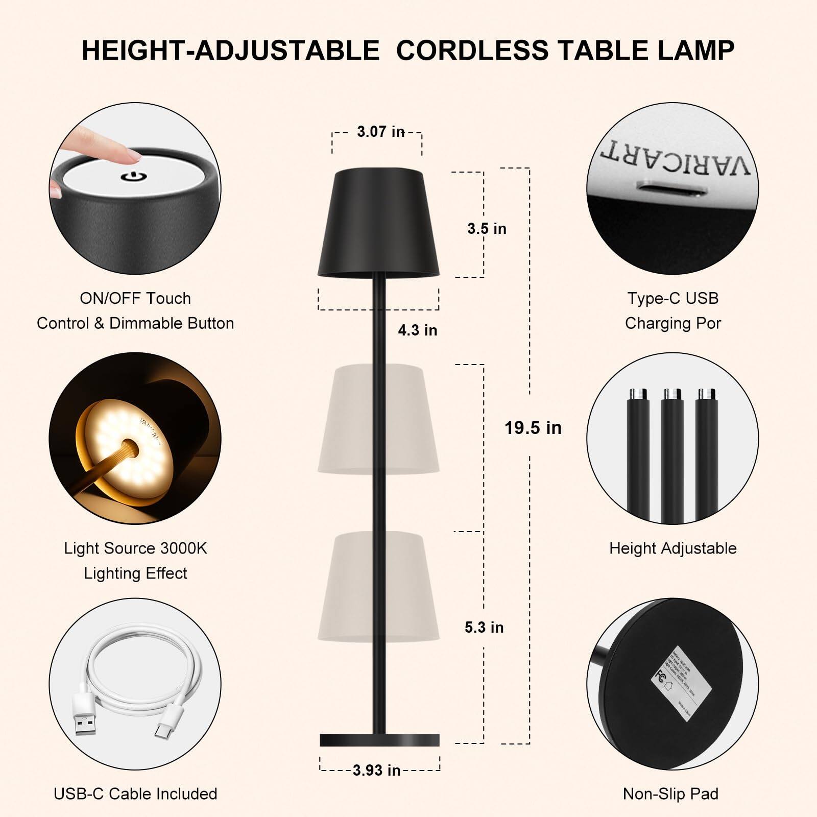 Dazzling Pops Cordless Table Lamp Adjustable Height 5000mAh ...