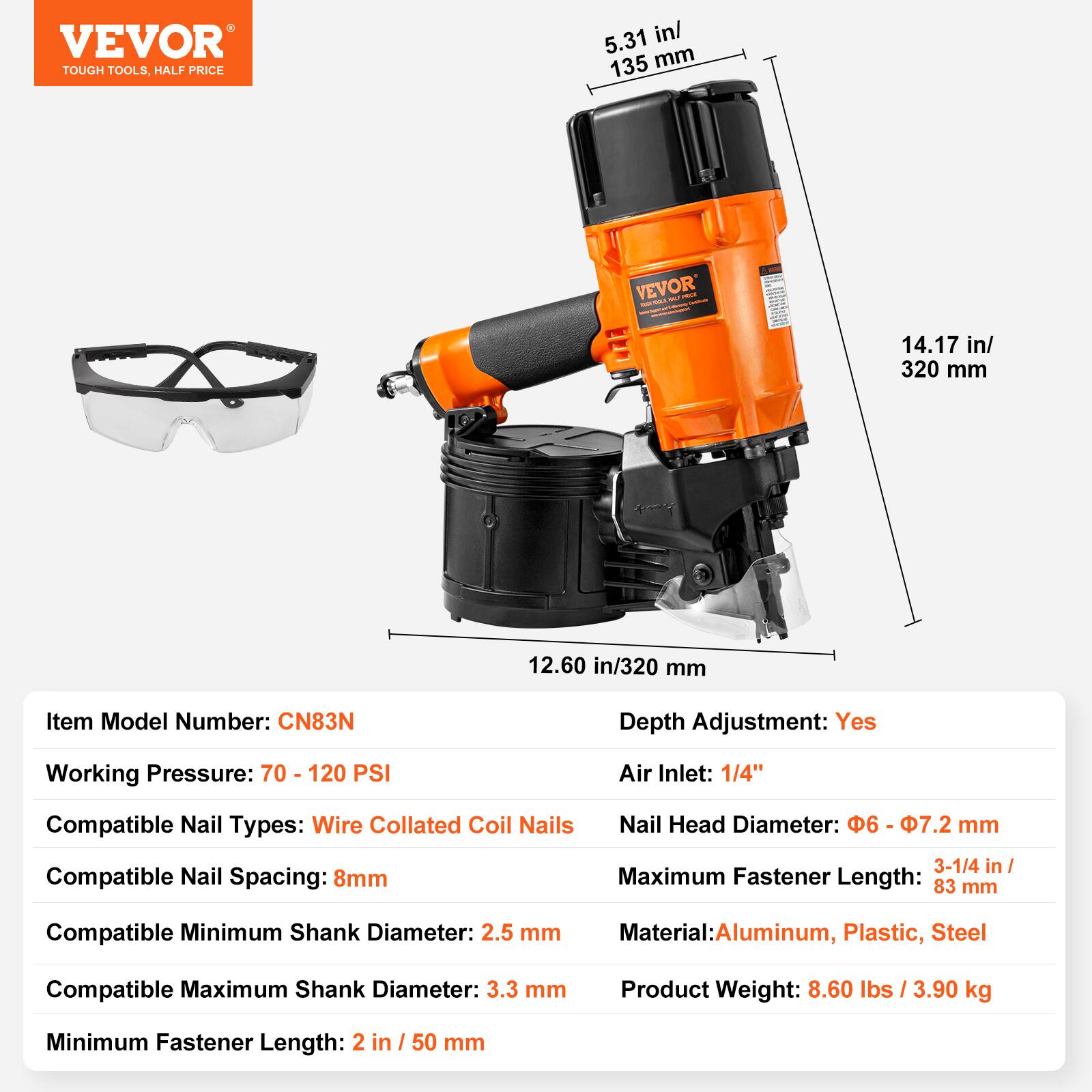 VEVOR Coil Siding/Framing Nailer CN83N, 2" to 3 1/4" 15 Degree ...
