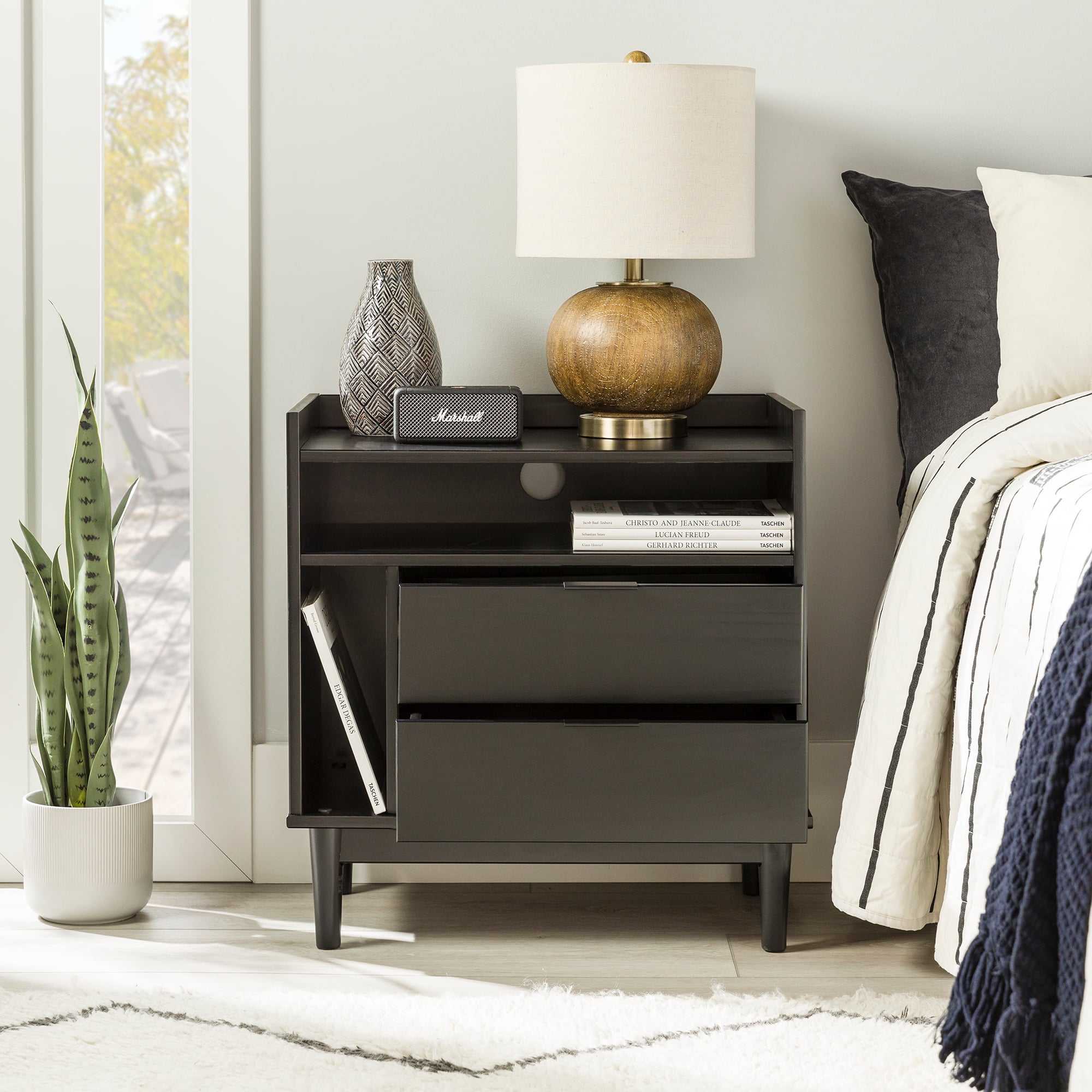 Best Buy Walker Edison 25 Mid Century Modern Solid Wood Tray Top Nightstand Black BBR2DRLEENSBL