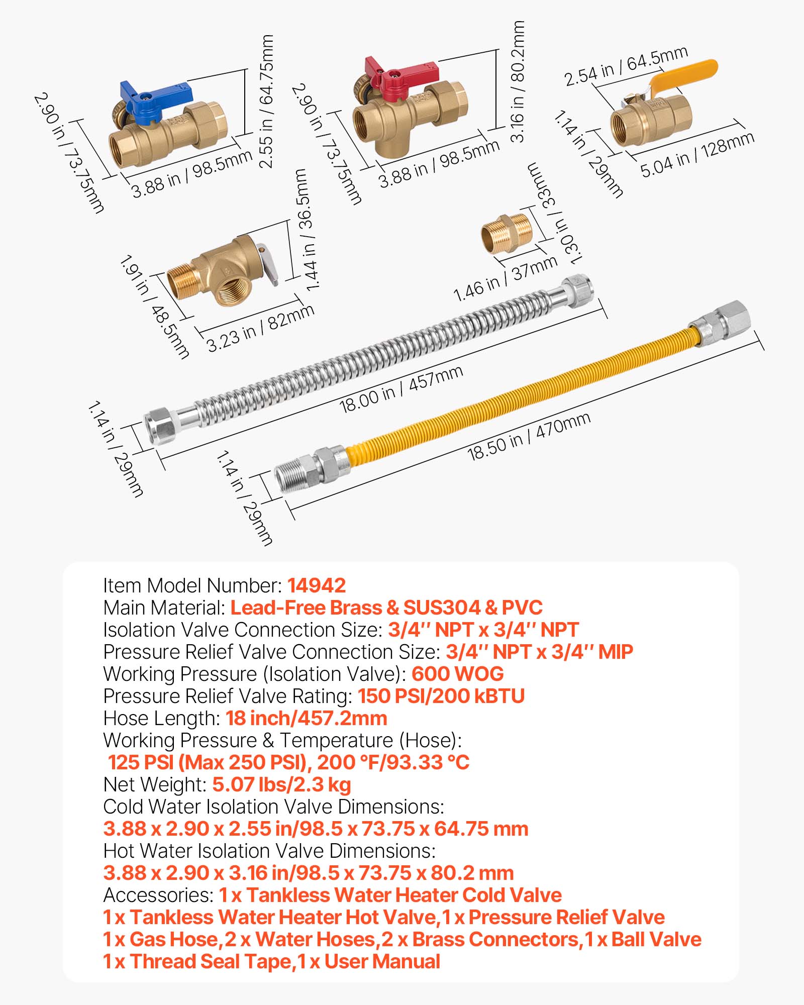 VEVOR Water Heater Kit, 3/4 Inch Cold & Hot Water Plumbing Repair Kit ...
