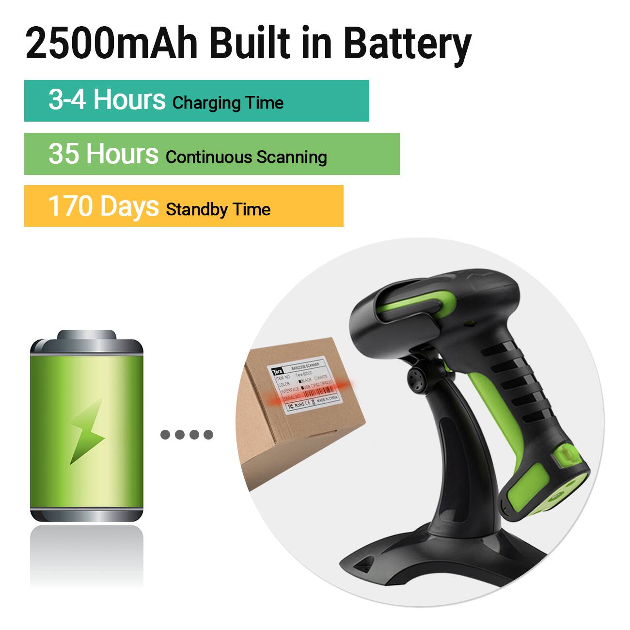 Tera Pro 2D Wireless Barcode Scanner IP66 2500mAh Battery Bar Code ...